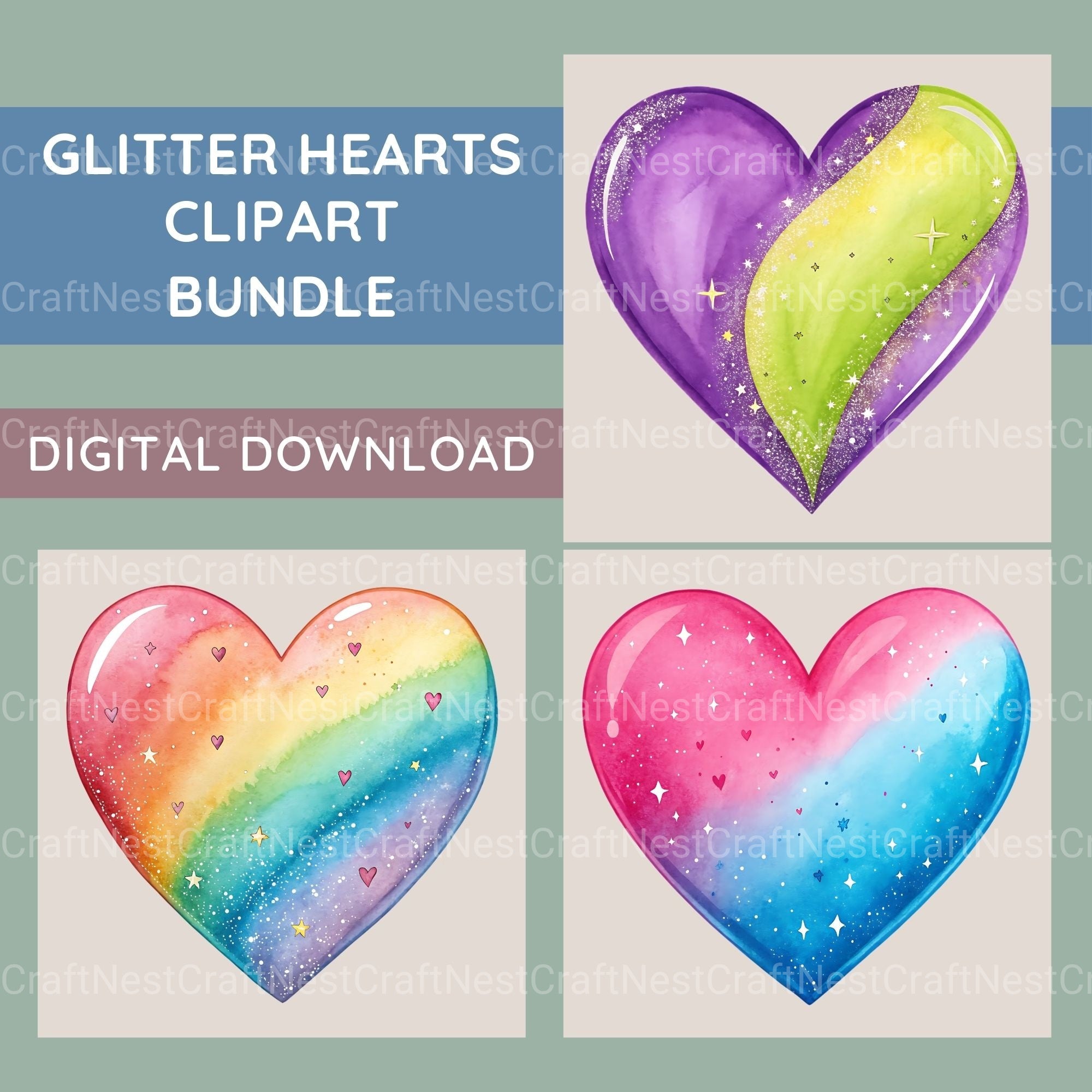 Glitter Hearts Clipart Bundle