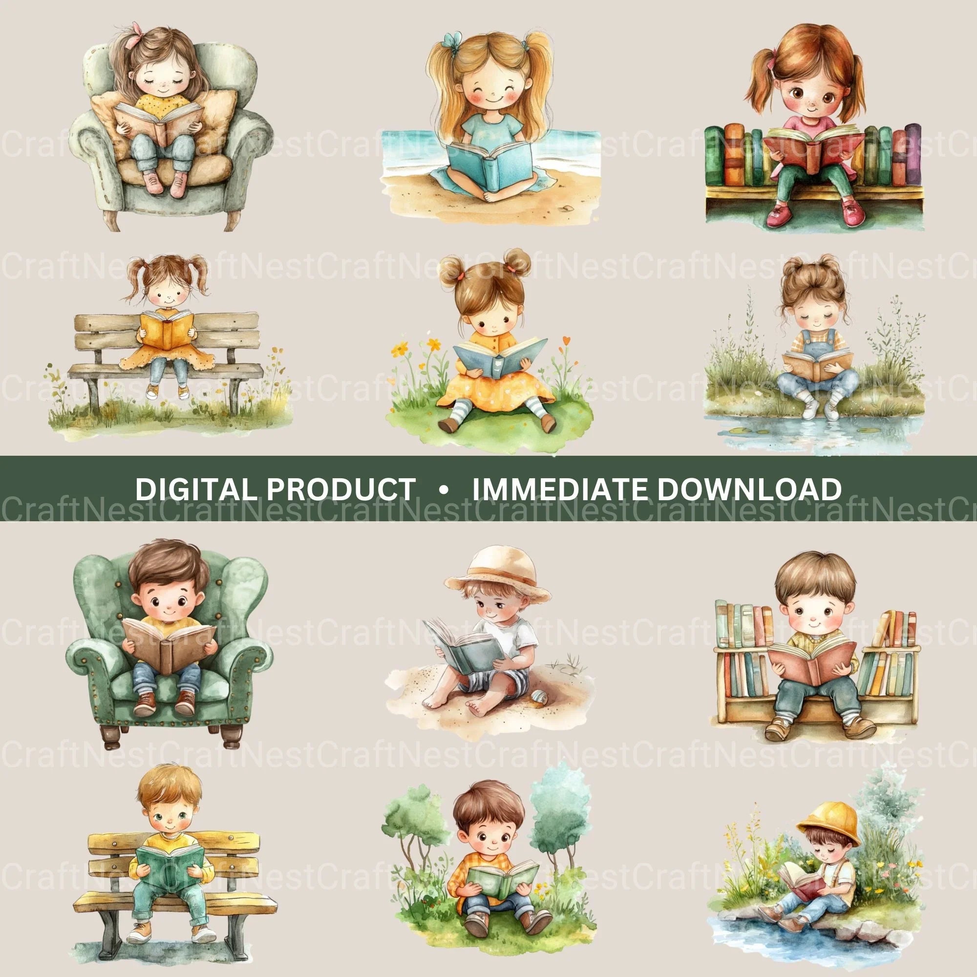 Children Reading Clipart Bundle