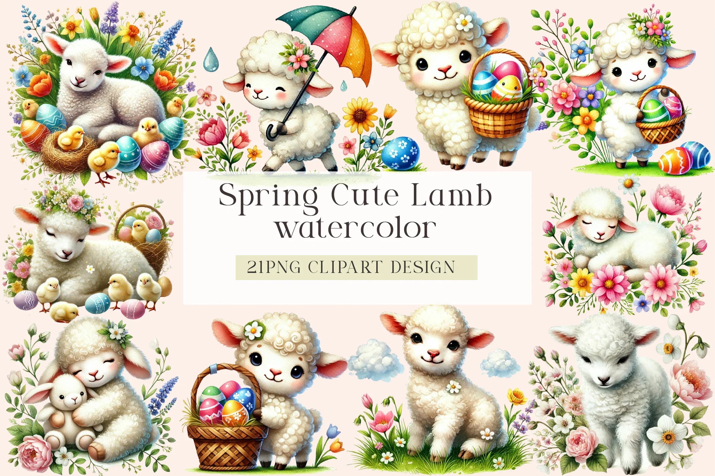 Spring Cute Lamb Clipart Bundle