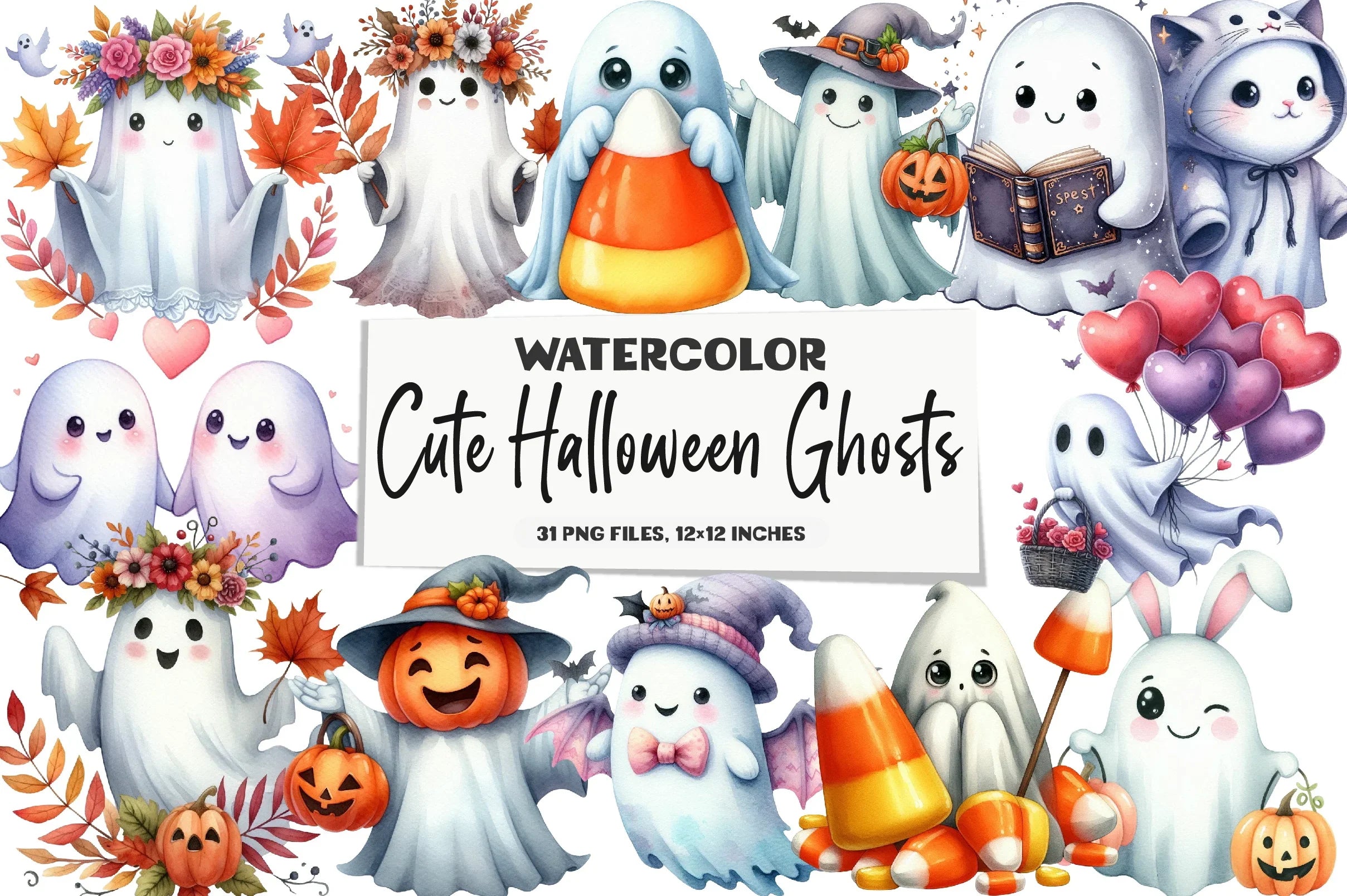 Cute Halloween Ghosts Clipart Bundle