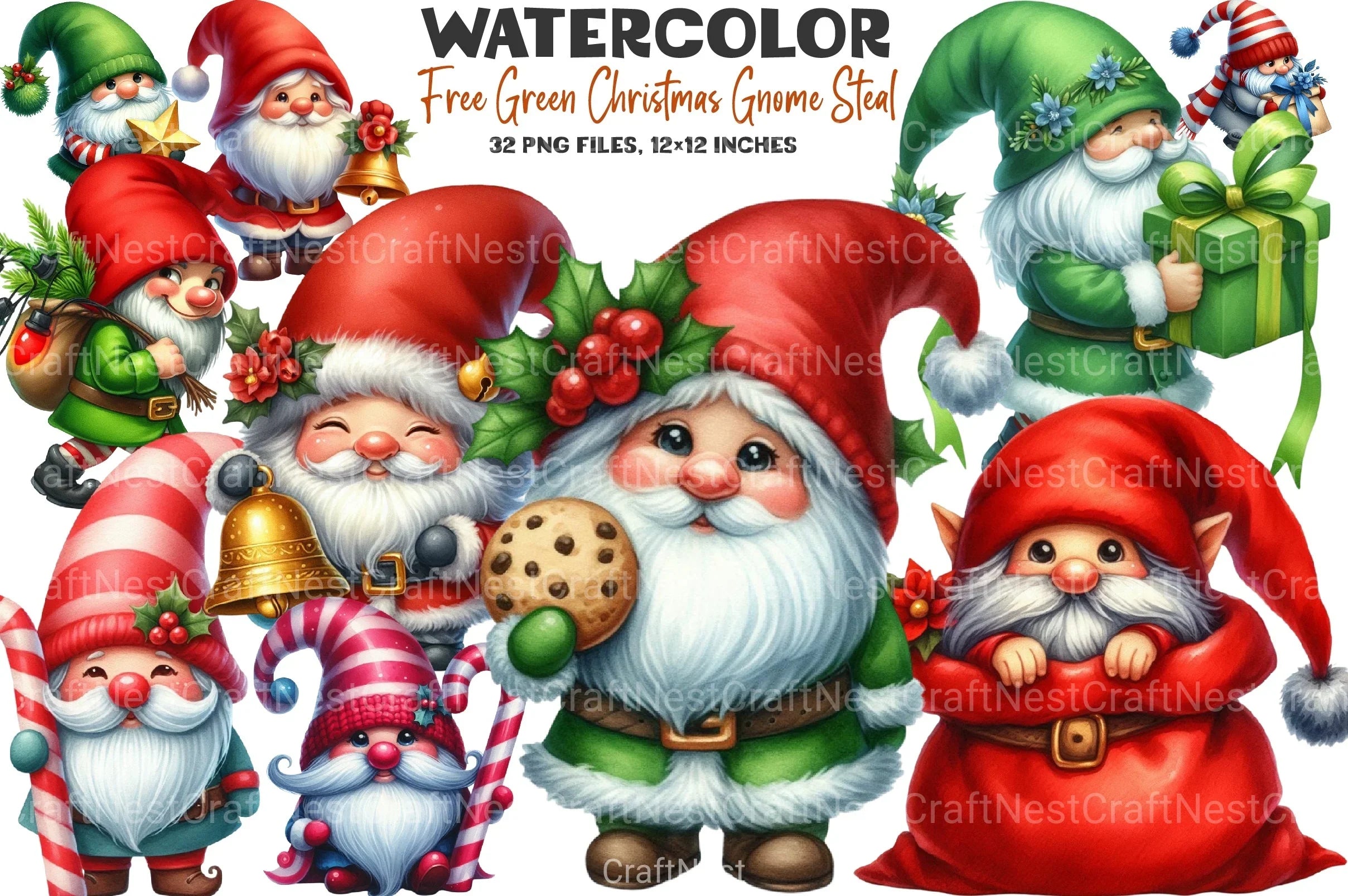 Free Green Christmas Gnome Clipart Bundle