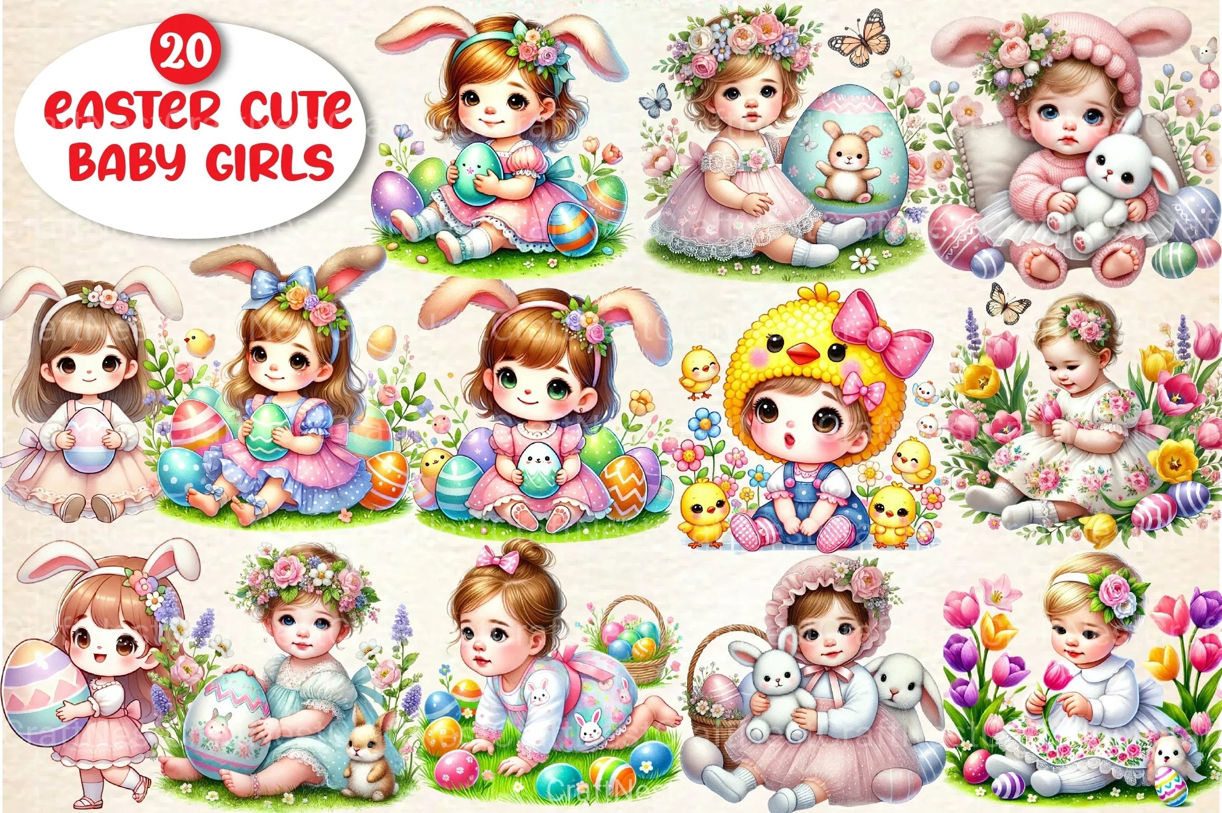 Easter Cute Baby Girls Clipart Bundle