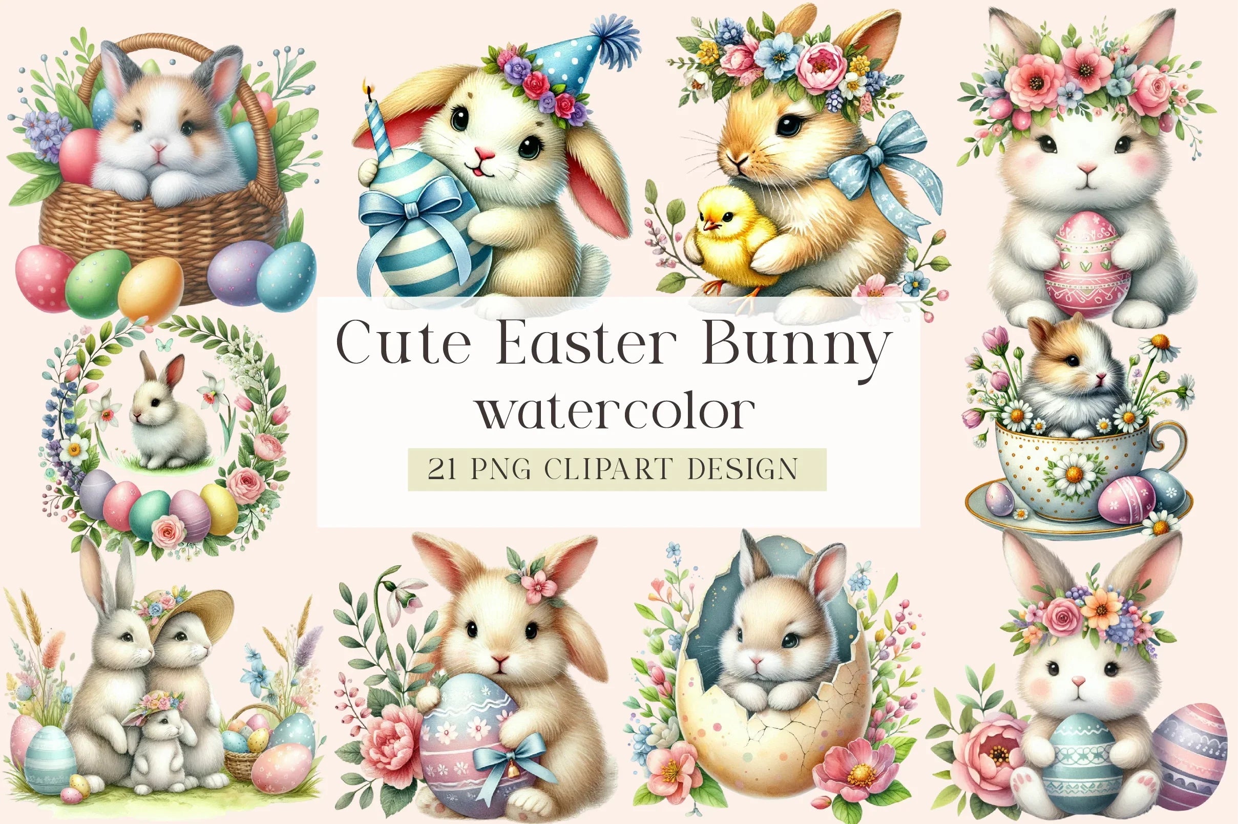 Cute Easter Bunny Clipart Bundle