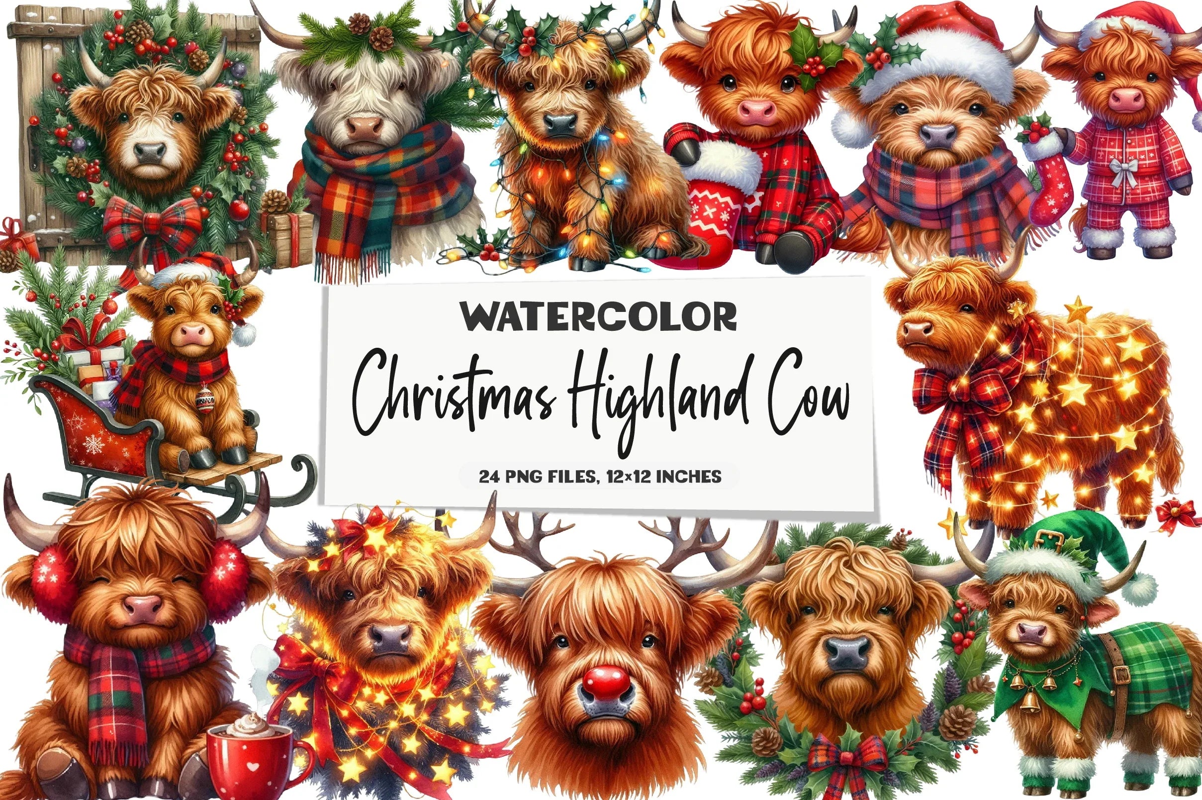 Christmas Highland Cow Clipart Bundle