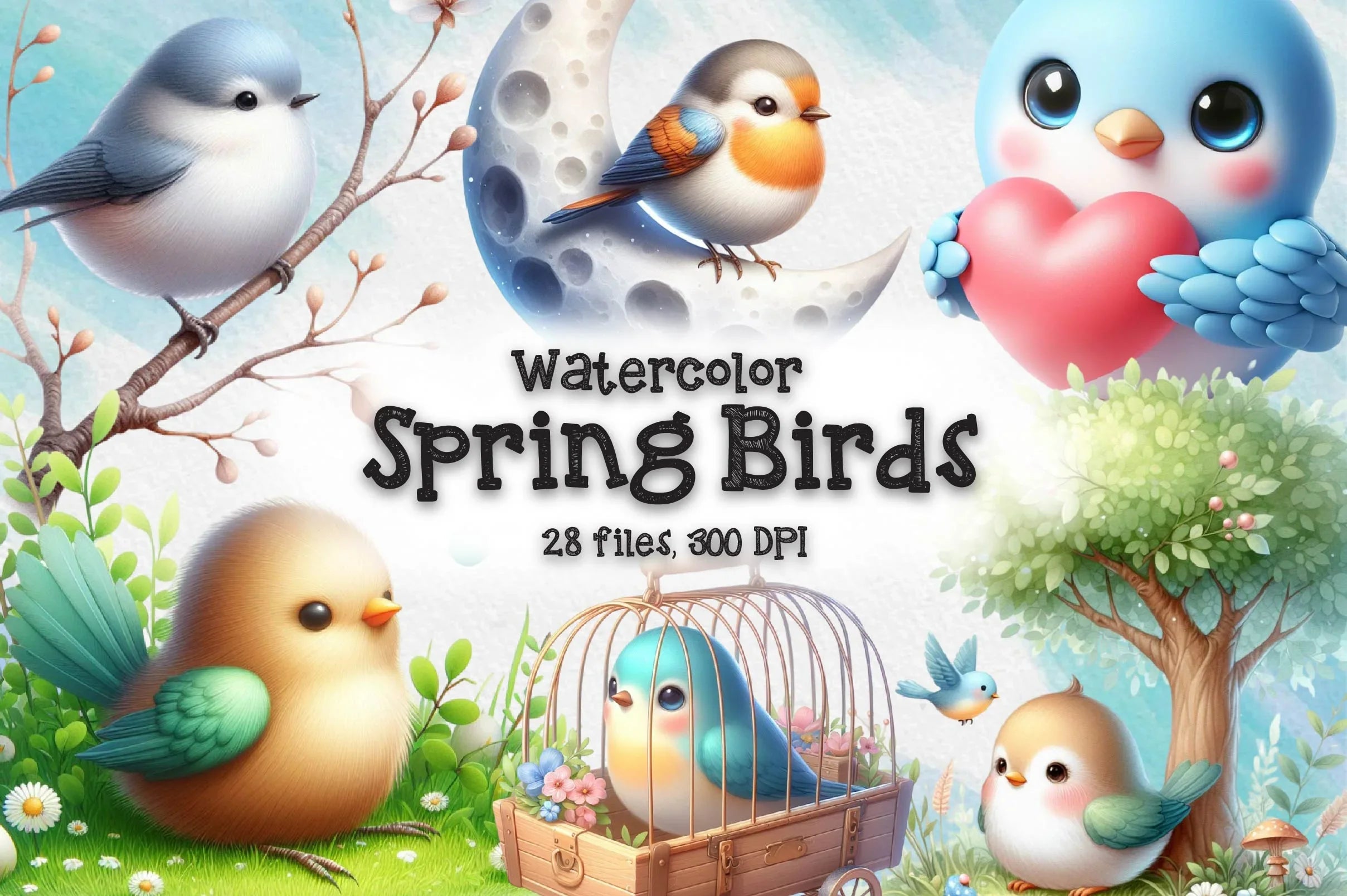 Crowned Spring Birds Clipart Bundle