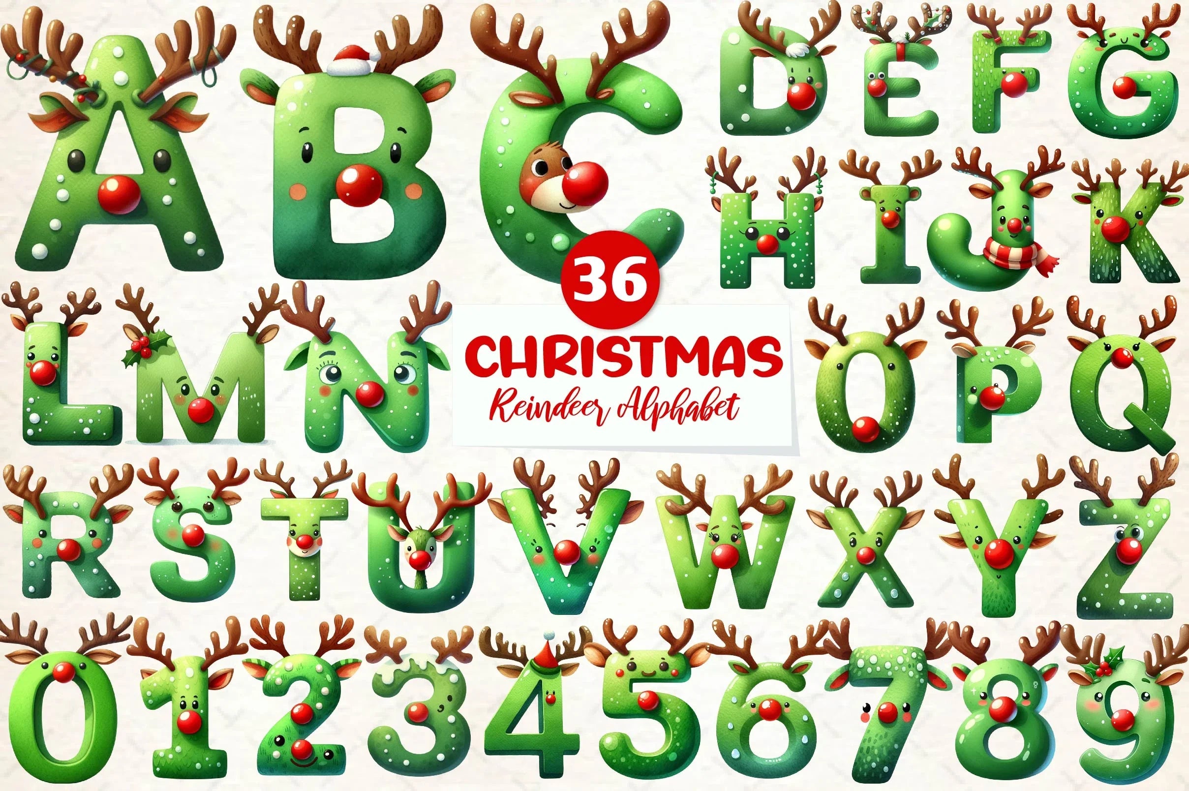 Christmas Reindeer Alphabet Clipart Bundle