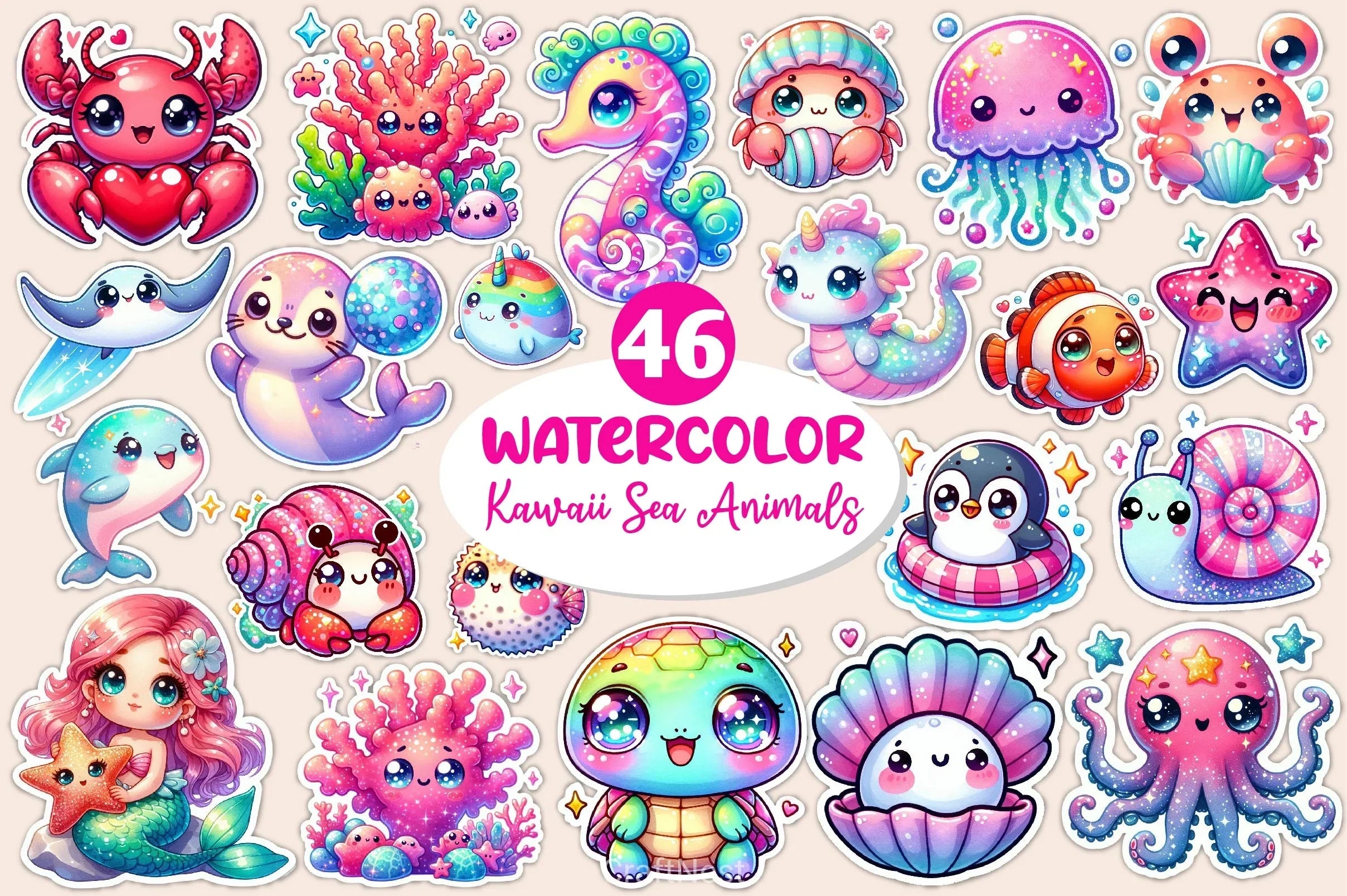 Cute Kawaii Sea Animals Clipart Bundle