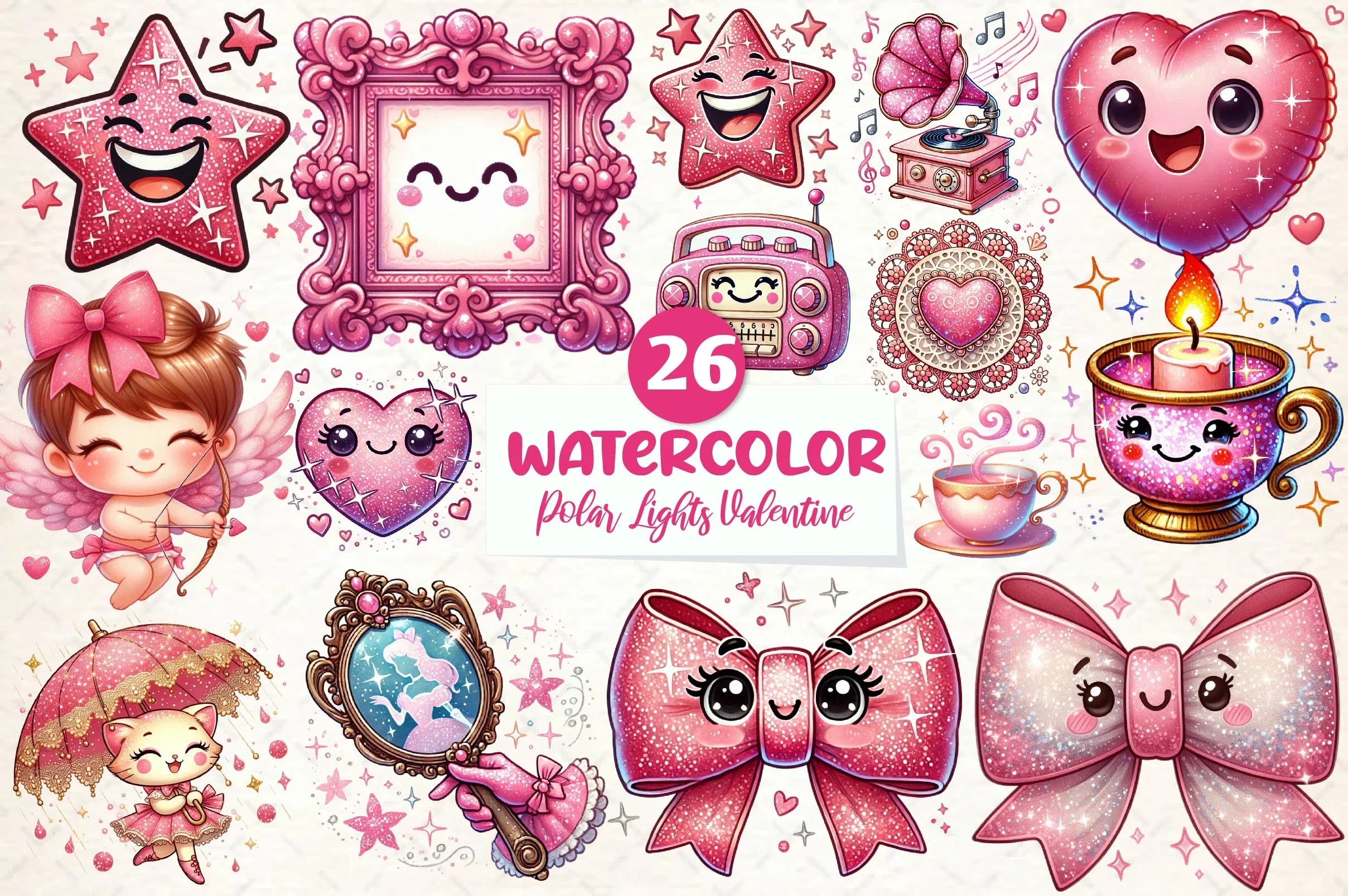 Glitter Pink Happy Valentine Clipart Bundle