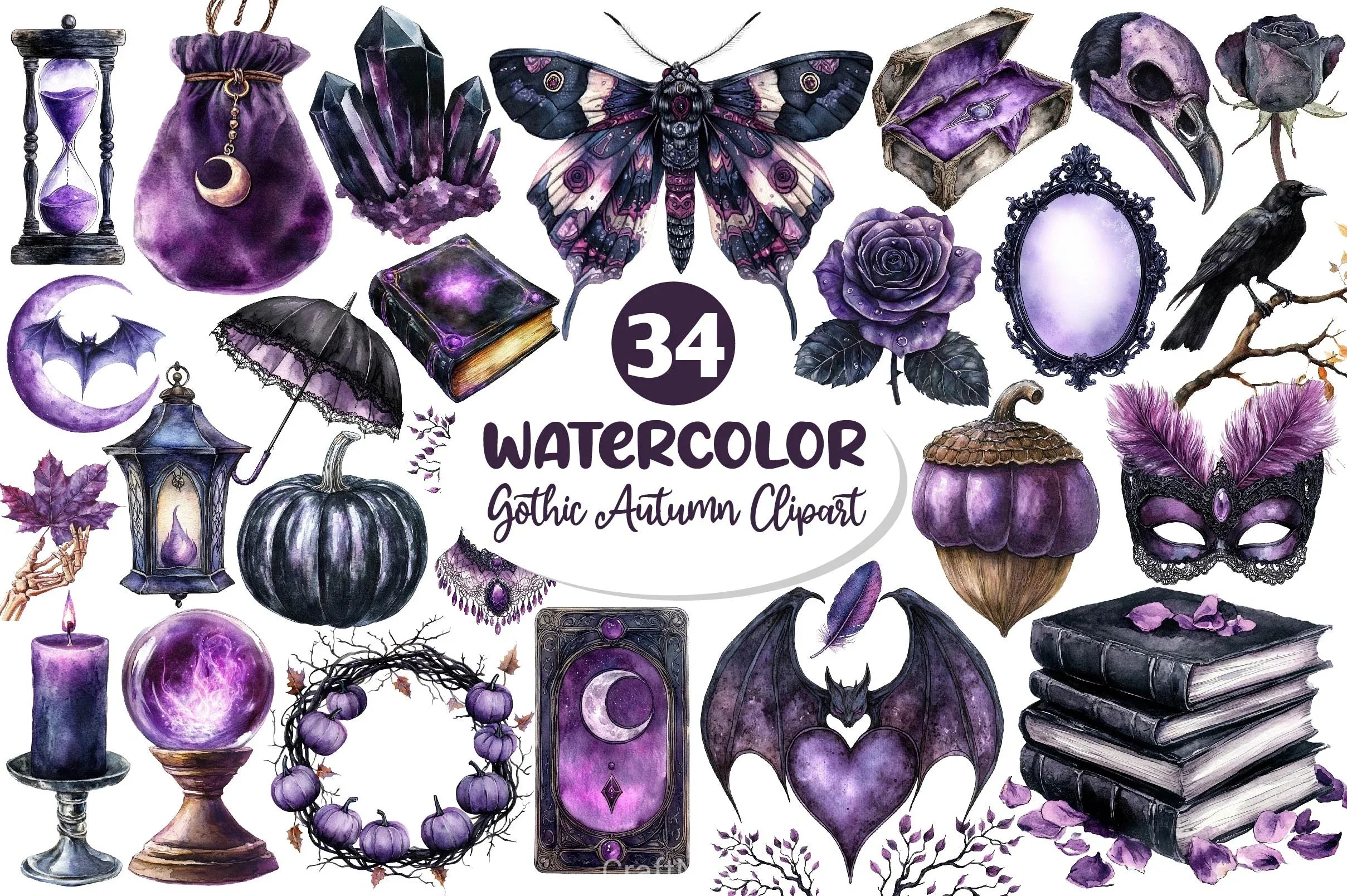 Black & Purple Gothic Autumn Clipart Bundle