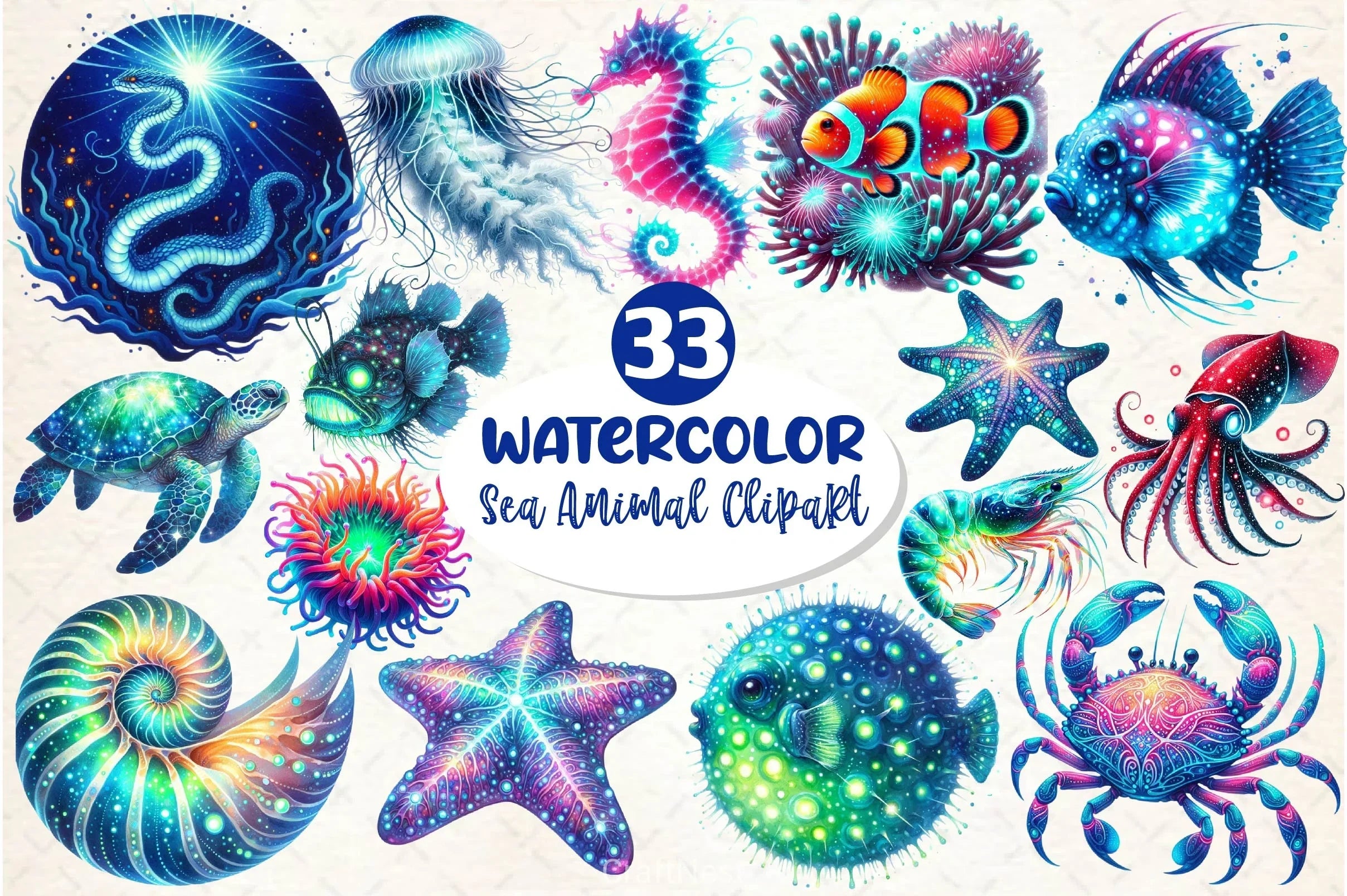 Bioluminescent Sea Animal Clipart Bundle