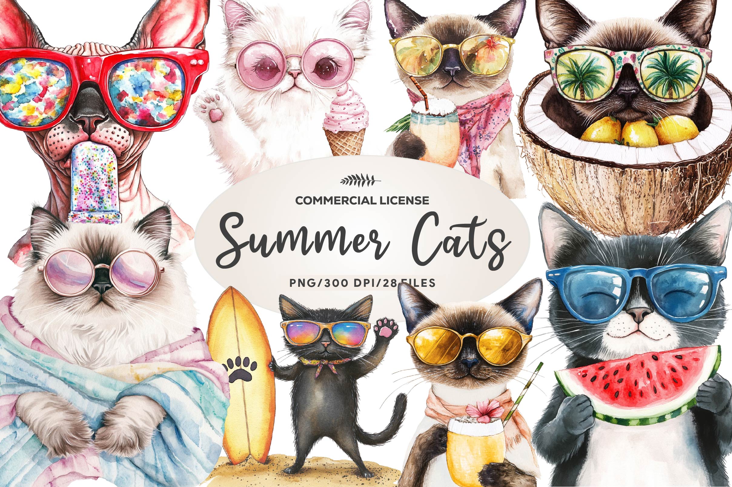 Funny Summer Cats Clipart Bundle