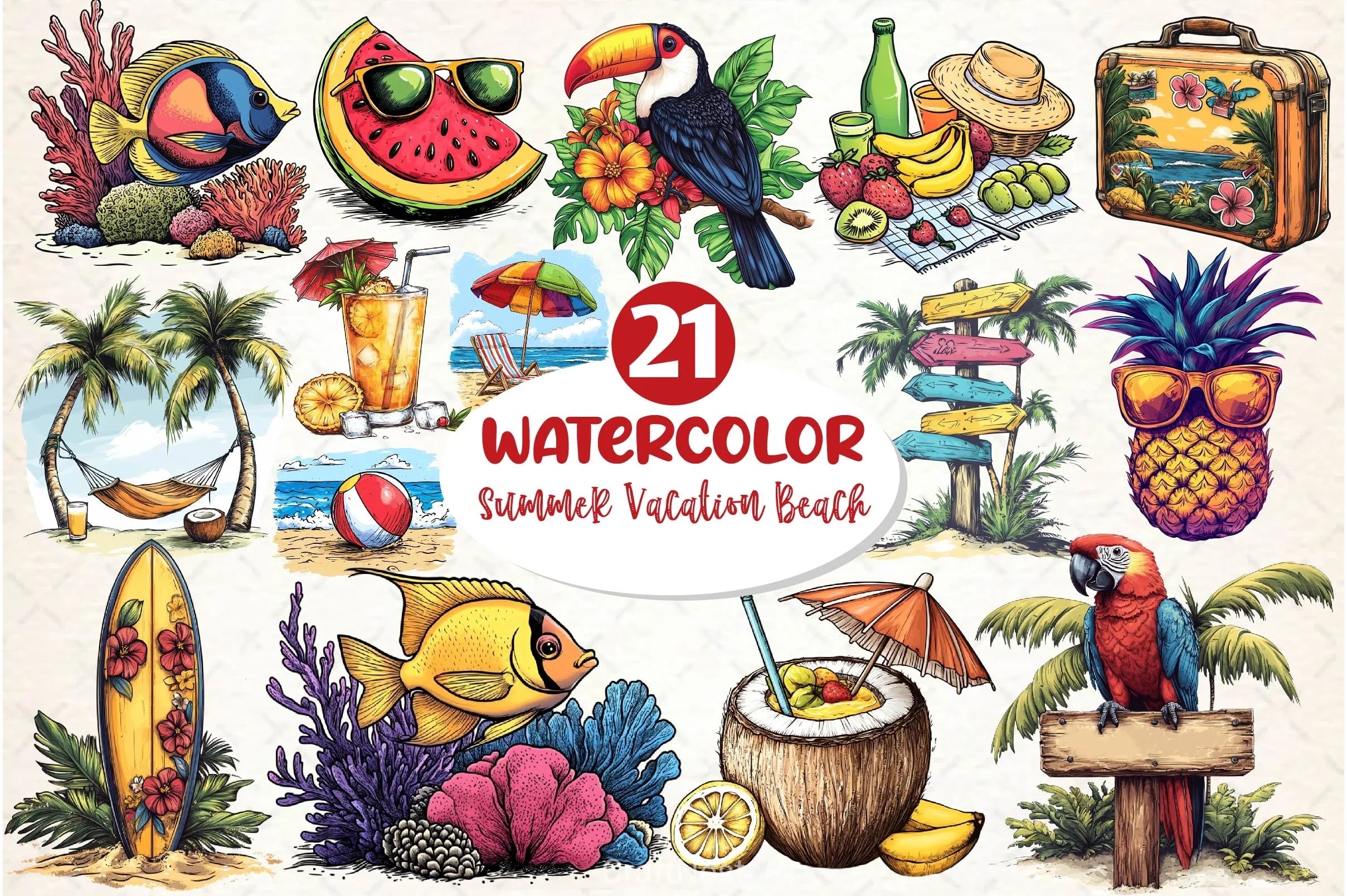 Tropical Summer Vacation Beach Clipart Bundle