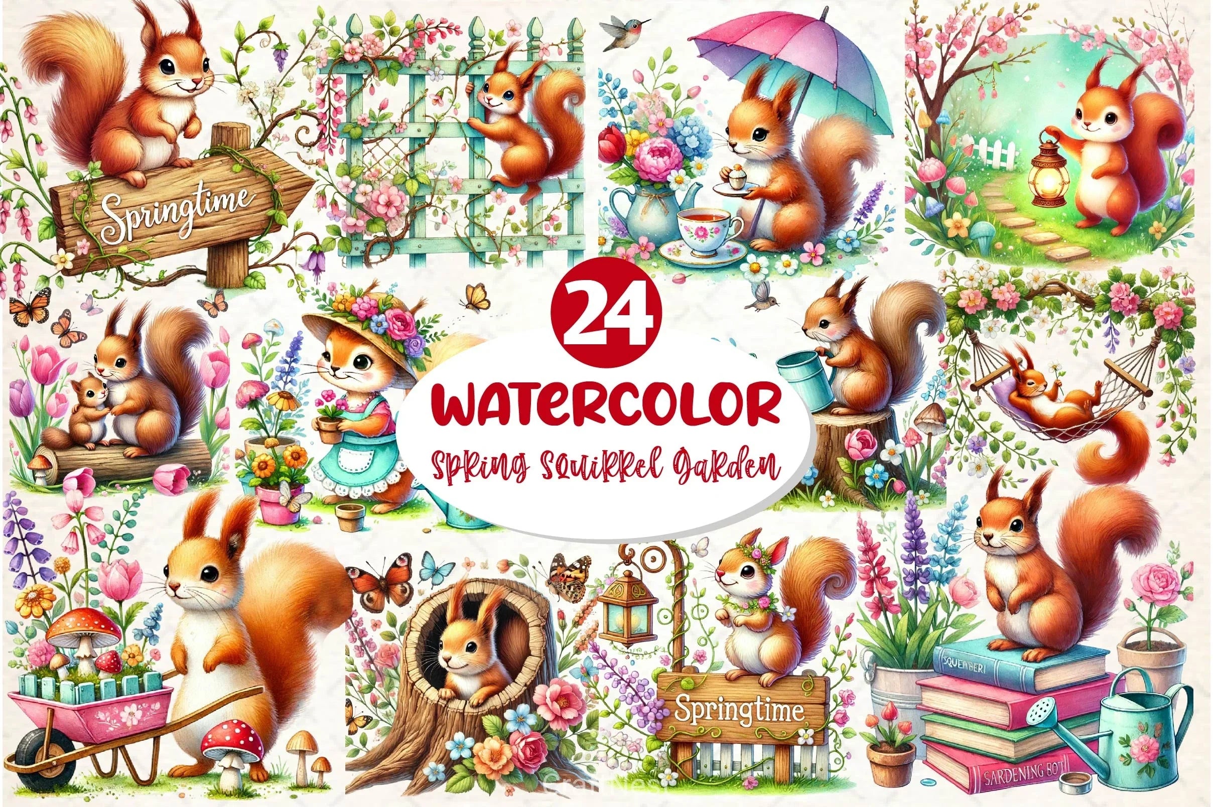 Spring Squirrel Garden Clipart Bundle