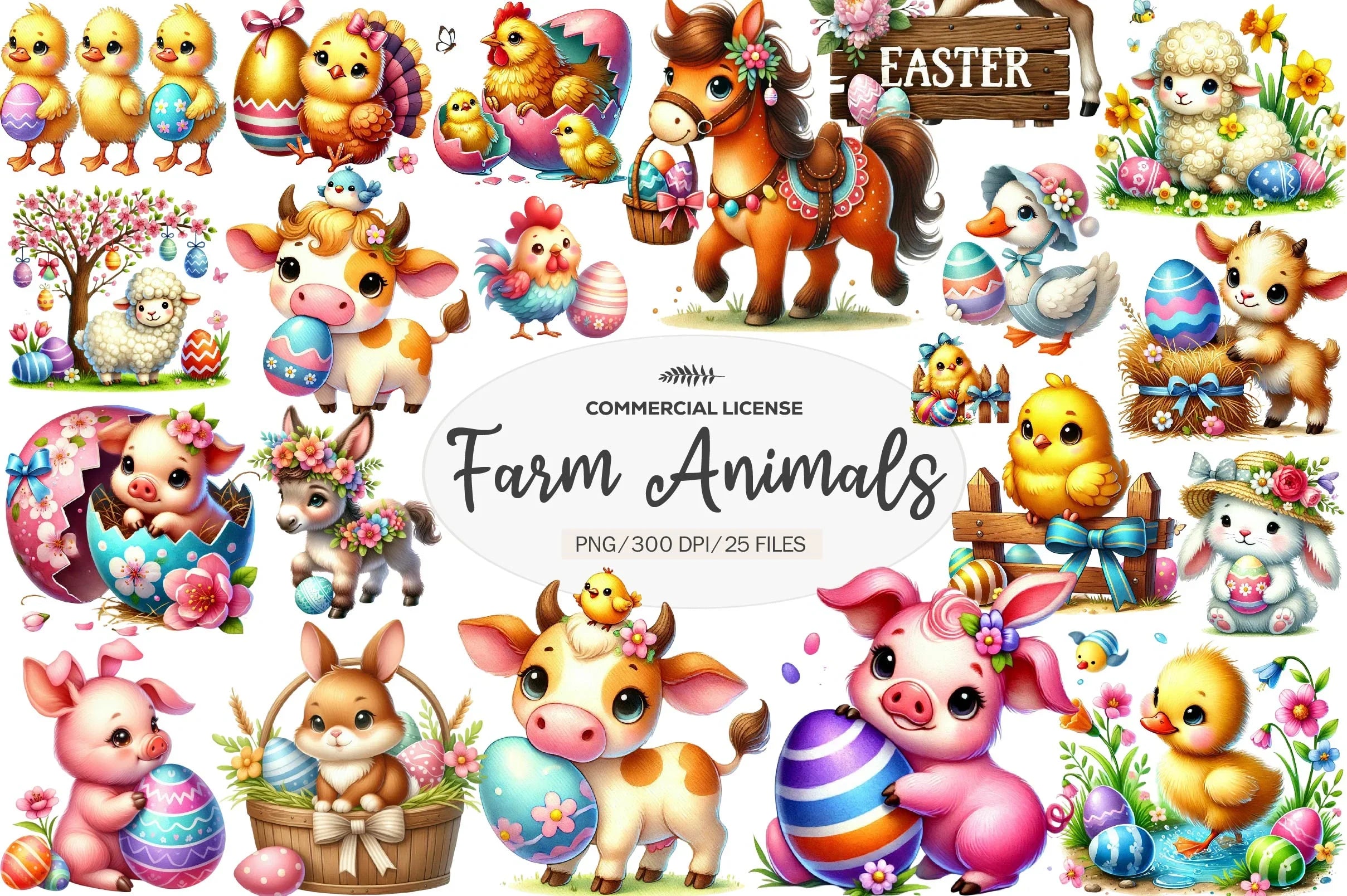 Easter Farm Animals Clipart Bundle