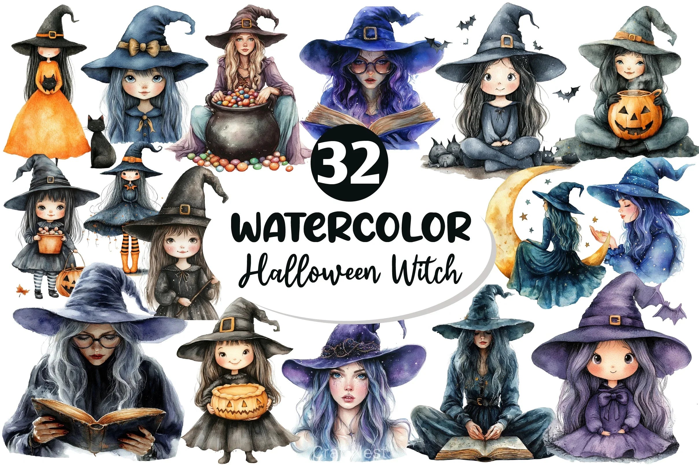 Halloween Cute Witch Clipart Bundle
