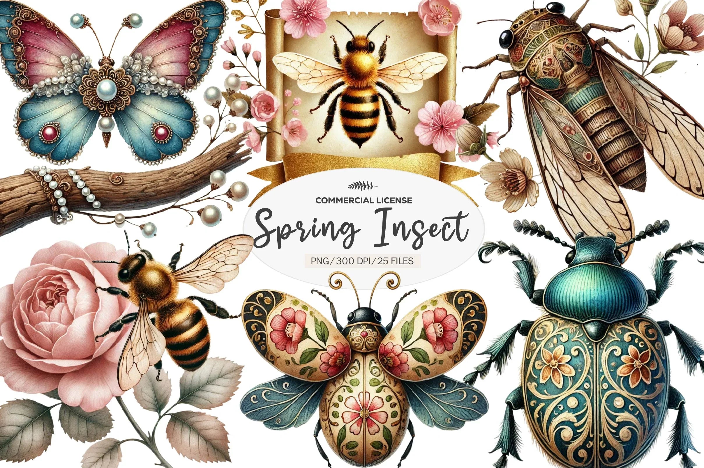 Vintage Spring Insect Clipart Bundle
