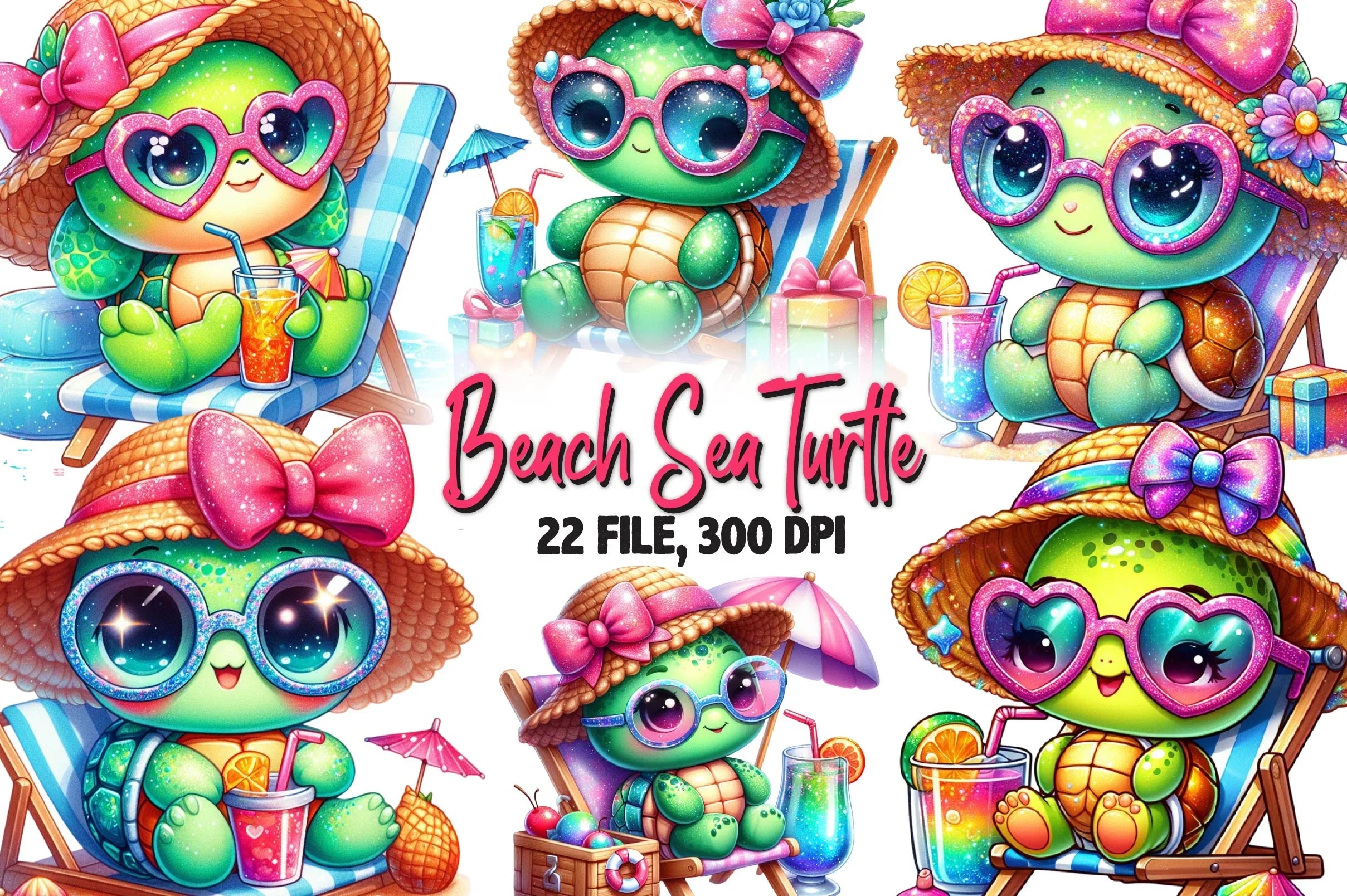 Chic Beach Sea Turtle Clipart Bundle