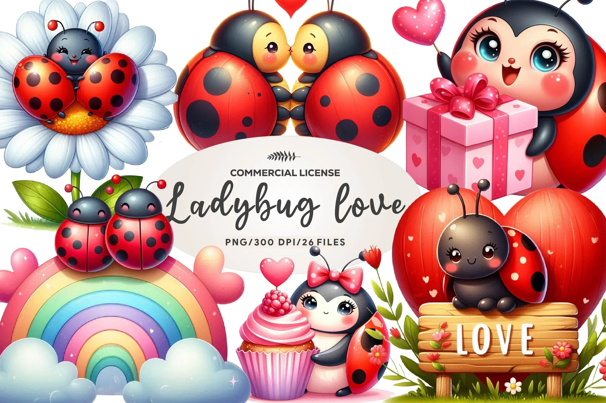 Cute Ladybug In Love Clipart Bundle