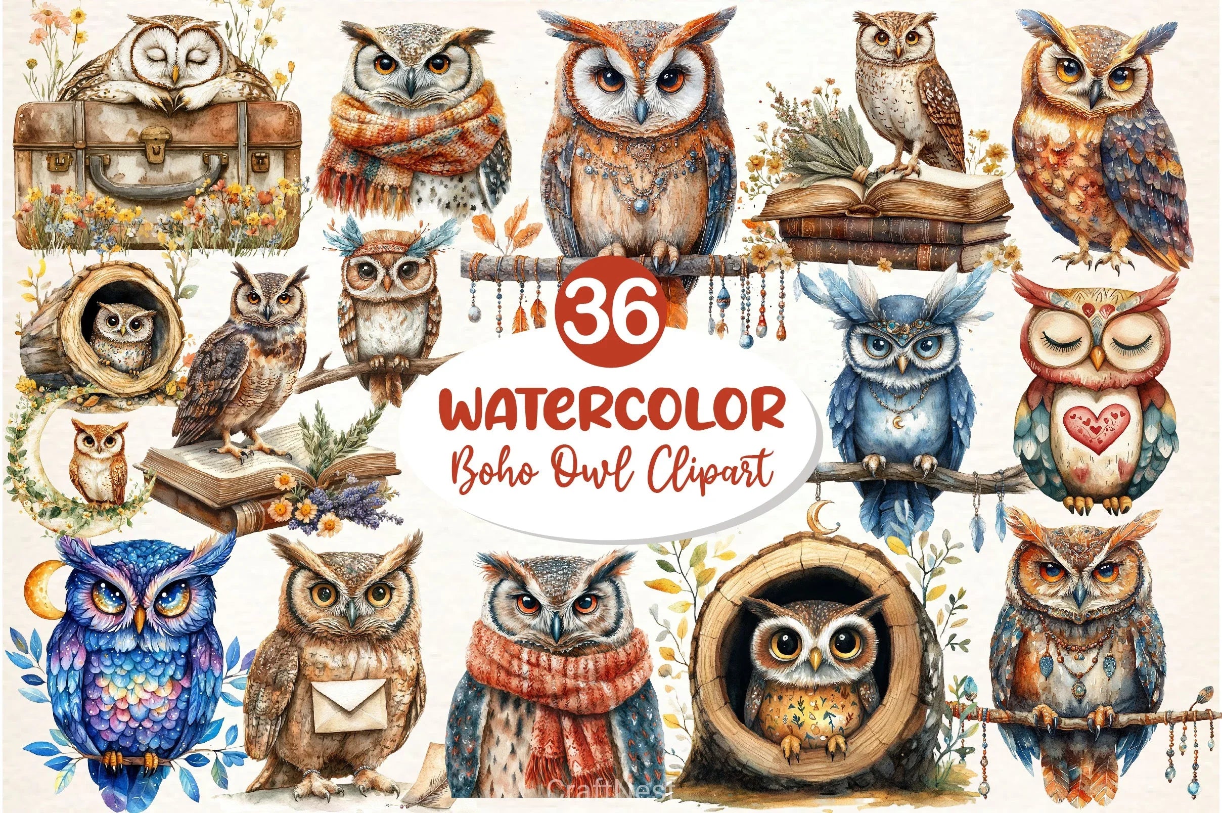 Boho Owl Clipart Bundle