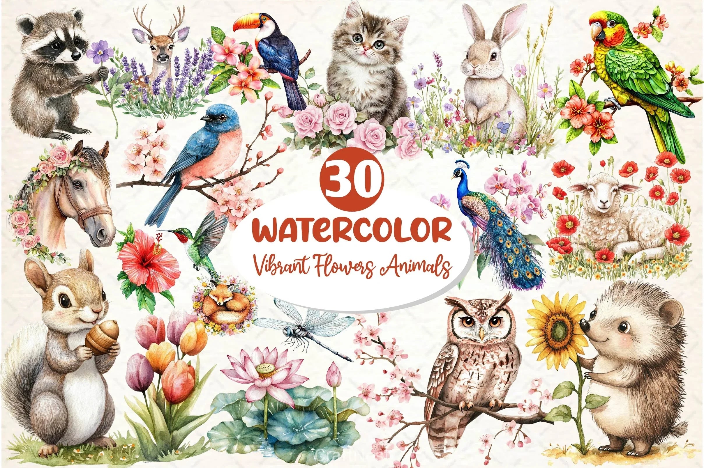 Vibrant Flowers Animals Clipart Bundle