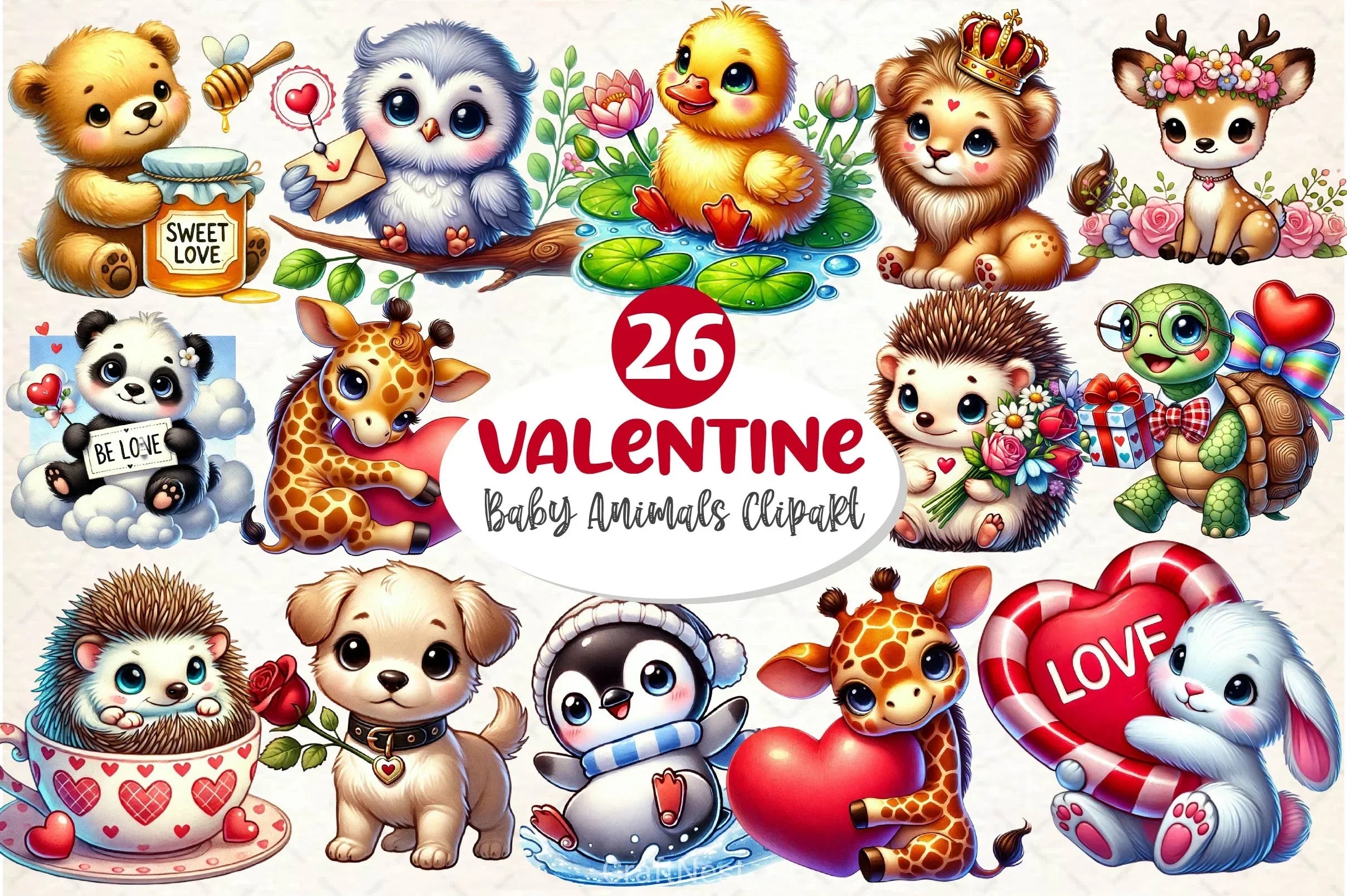 Valentine Baby Animals Clipart Bundle