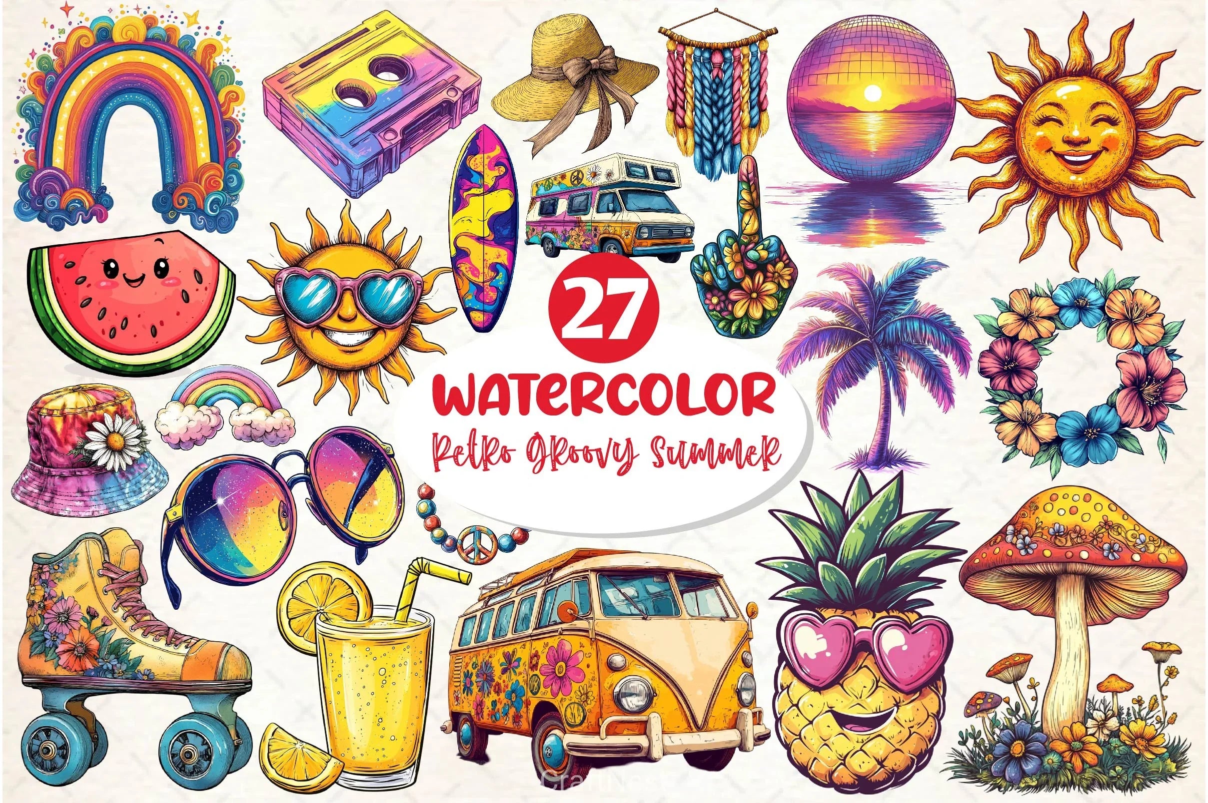 Retro Groovy Summer Clipart Bundle