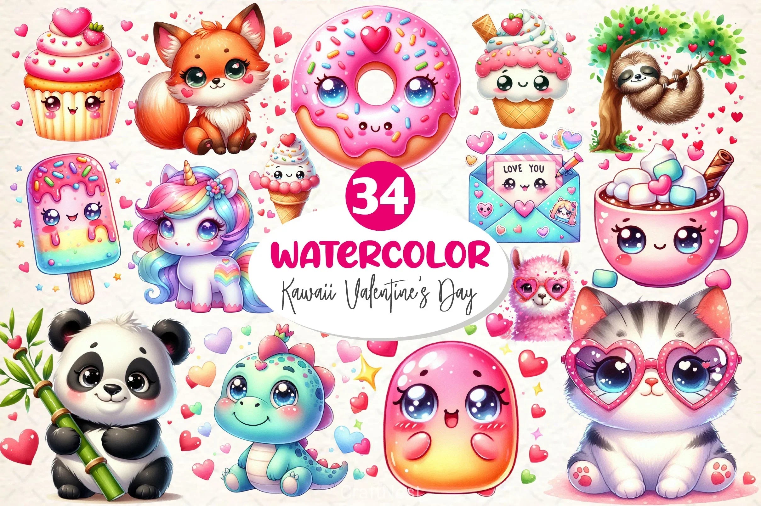 Kawaii Valentines Day Clipart Bundle
