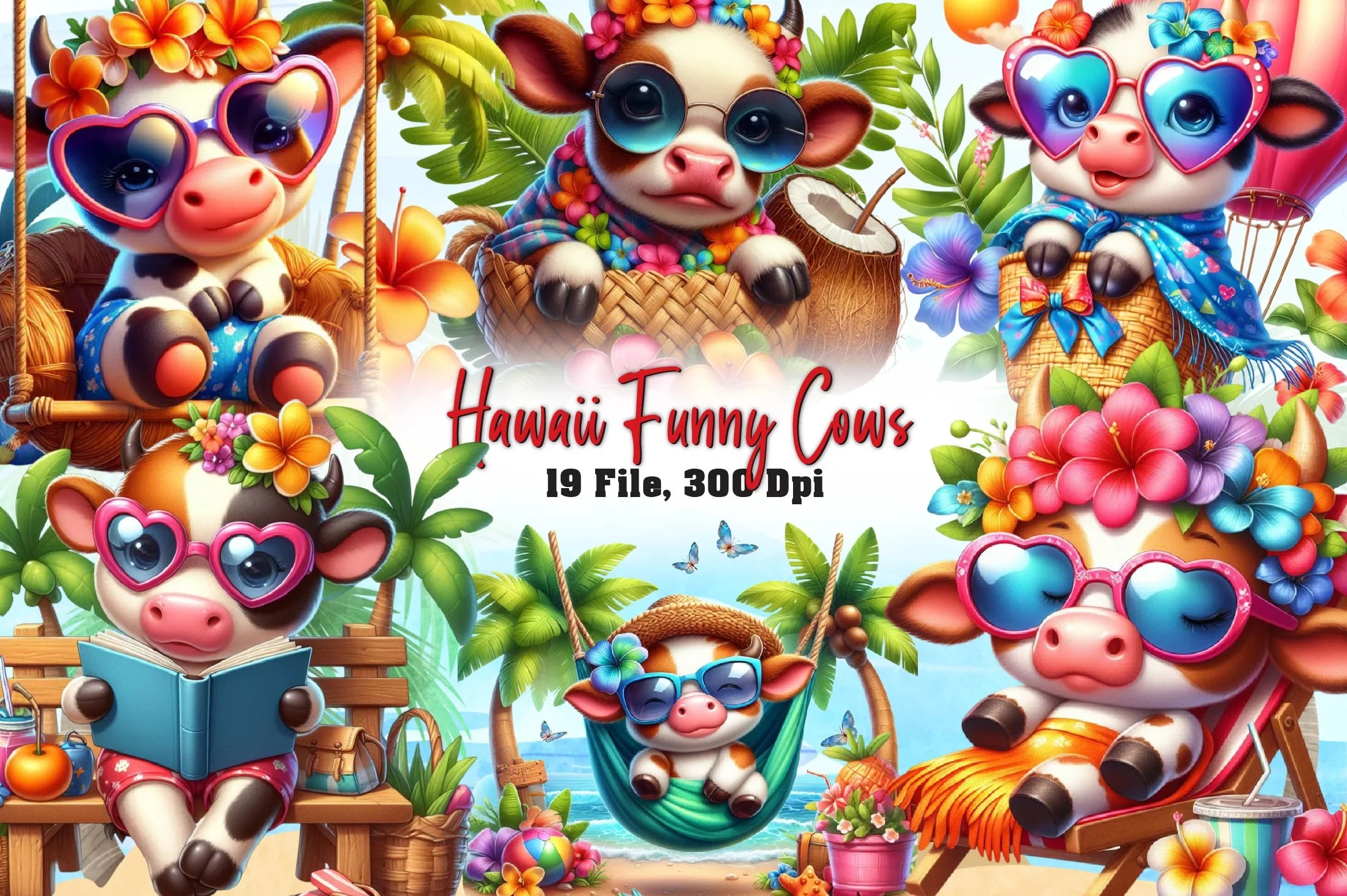 Hawaiian Funny Cows Clipart Bundle