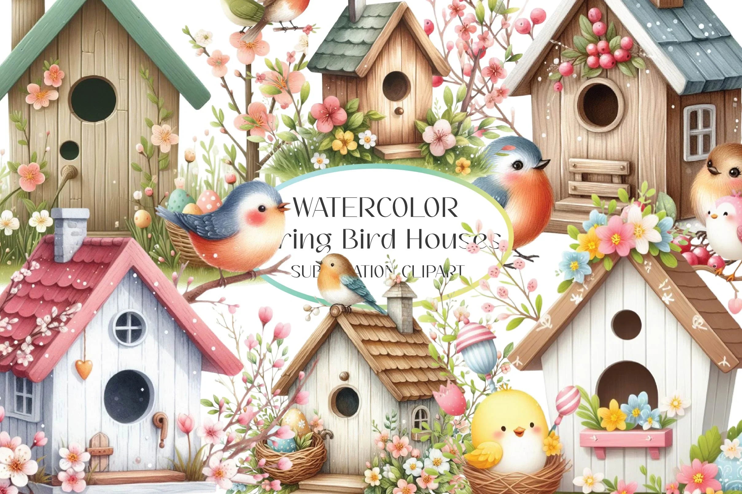 Spring Bird Houses Clipart Bundle