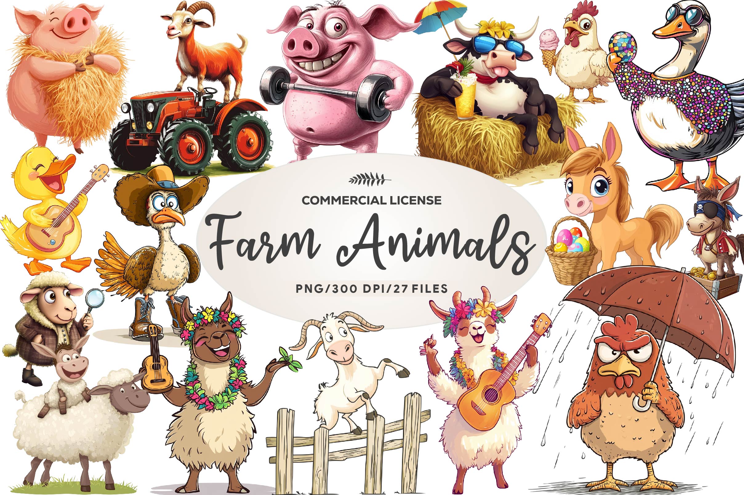 Quirky Funny Farm Animals Clipart Bundle