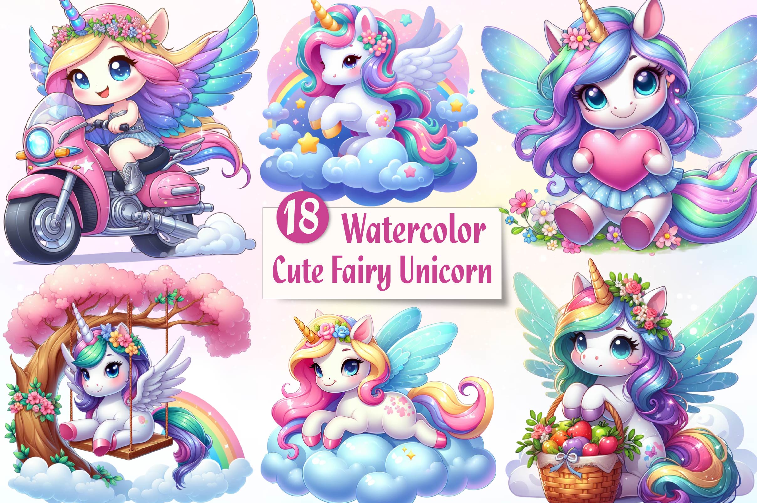 Cute Fairy Unicorn Clipart Bundle