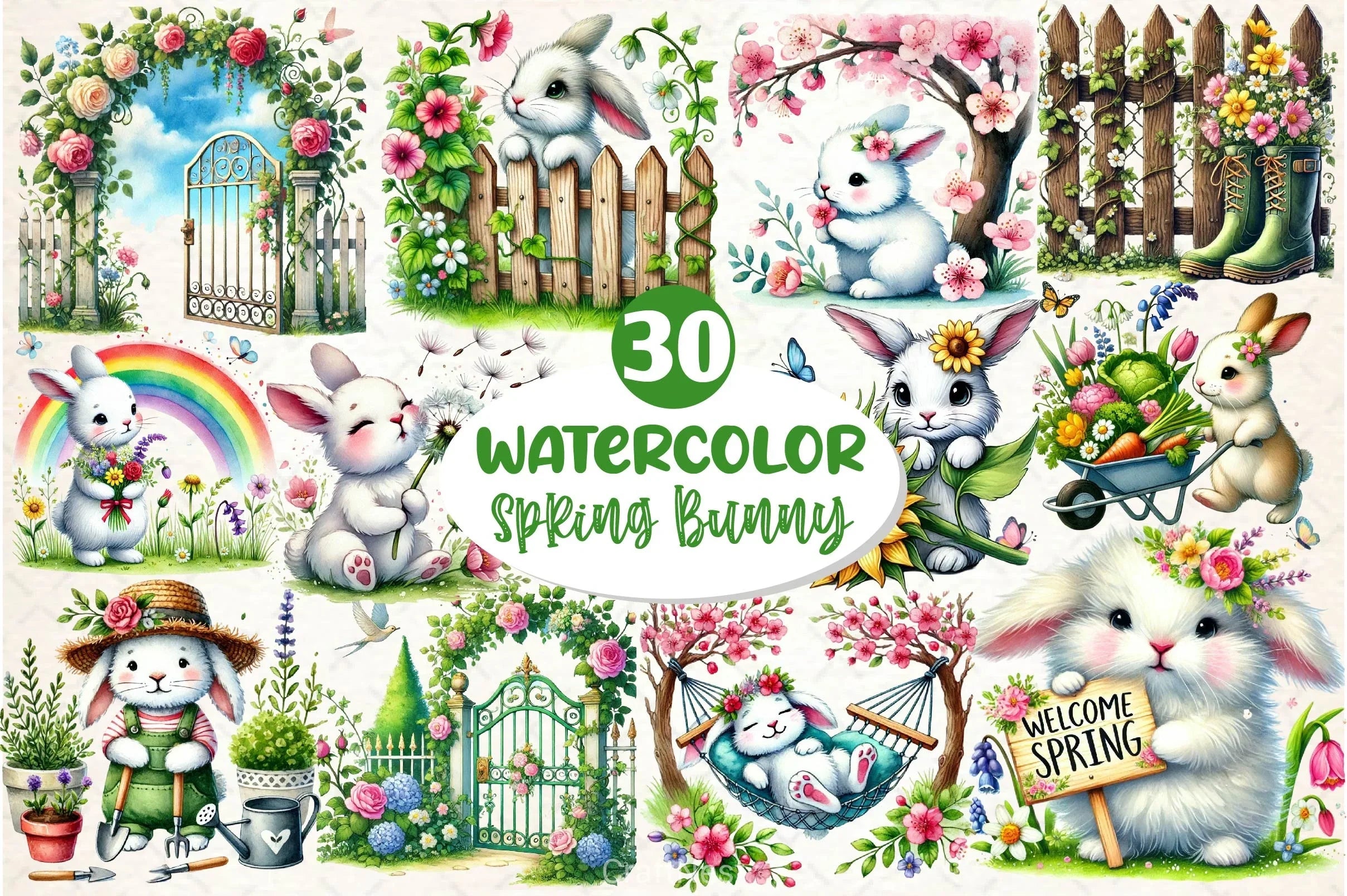 Spring Bunny Garden Clipart Bundle