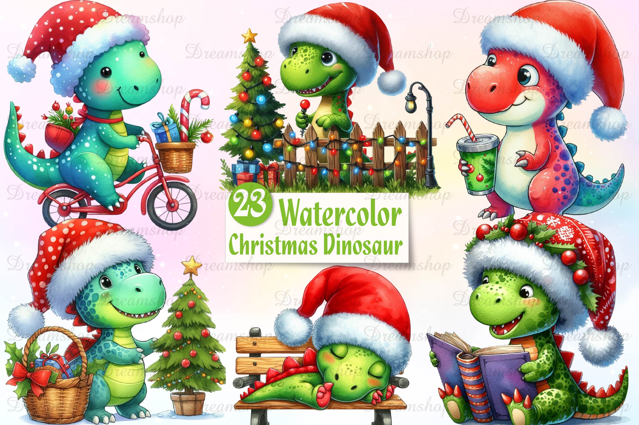 Cute Christmas Dinosaur Clipart Bundle