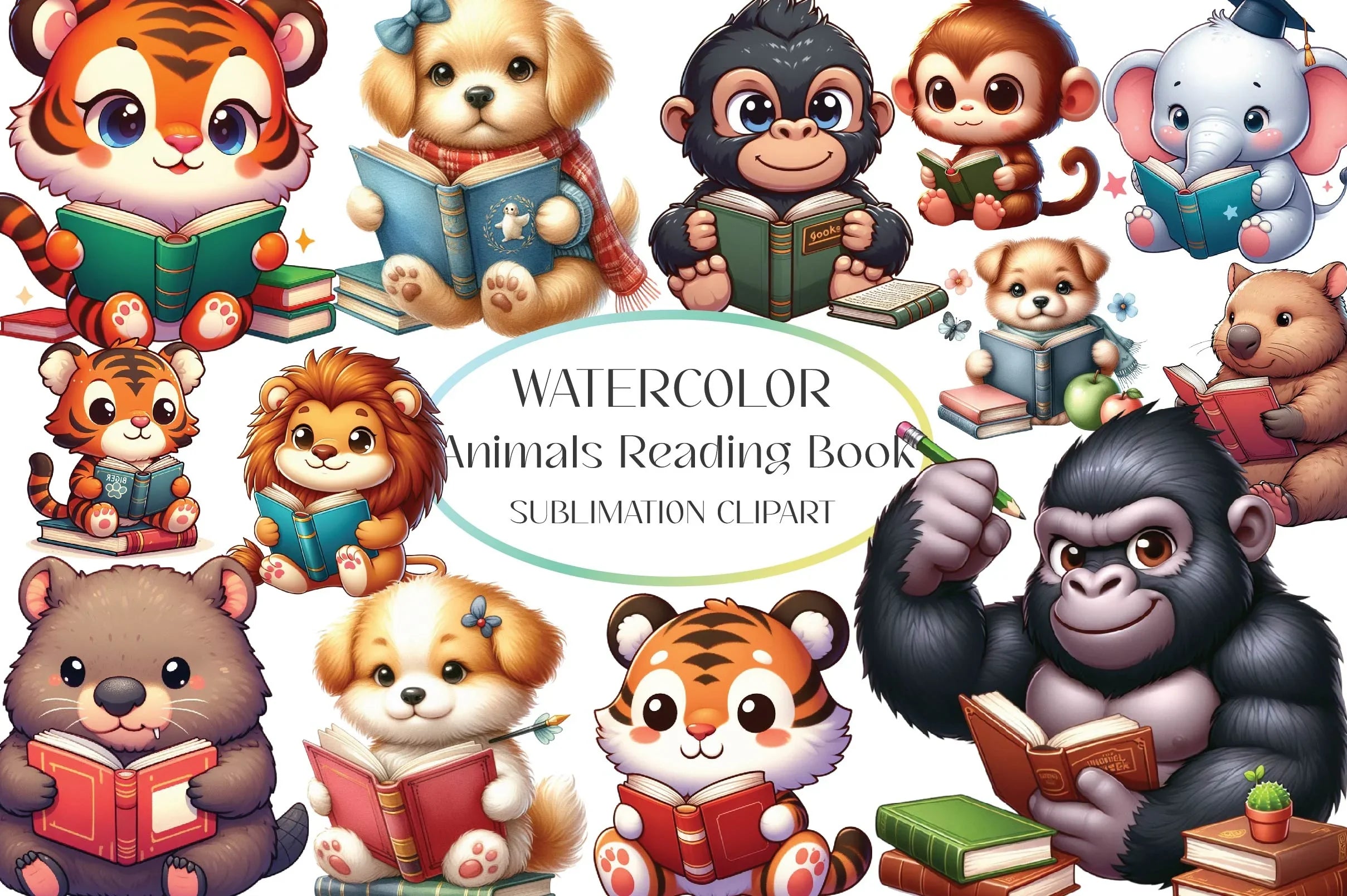 Animals Reading Book Clipart Bundle