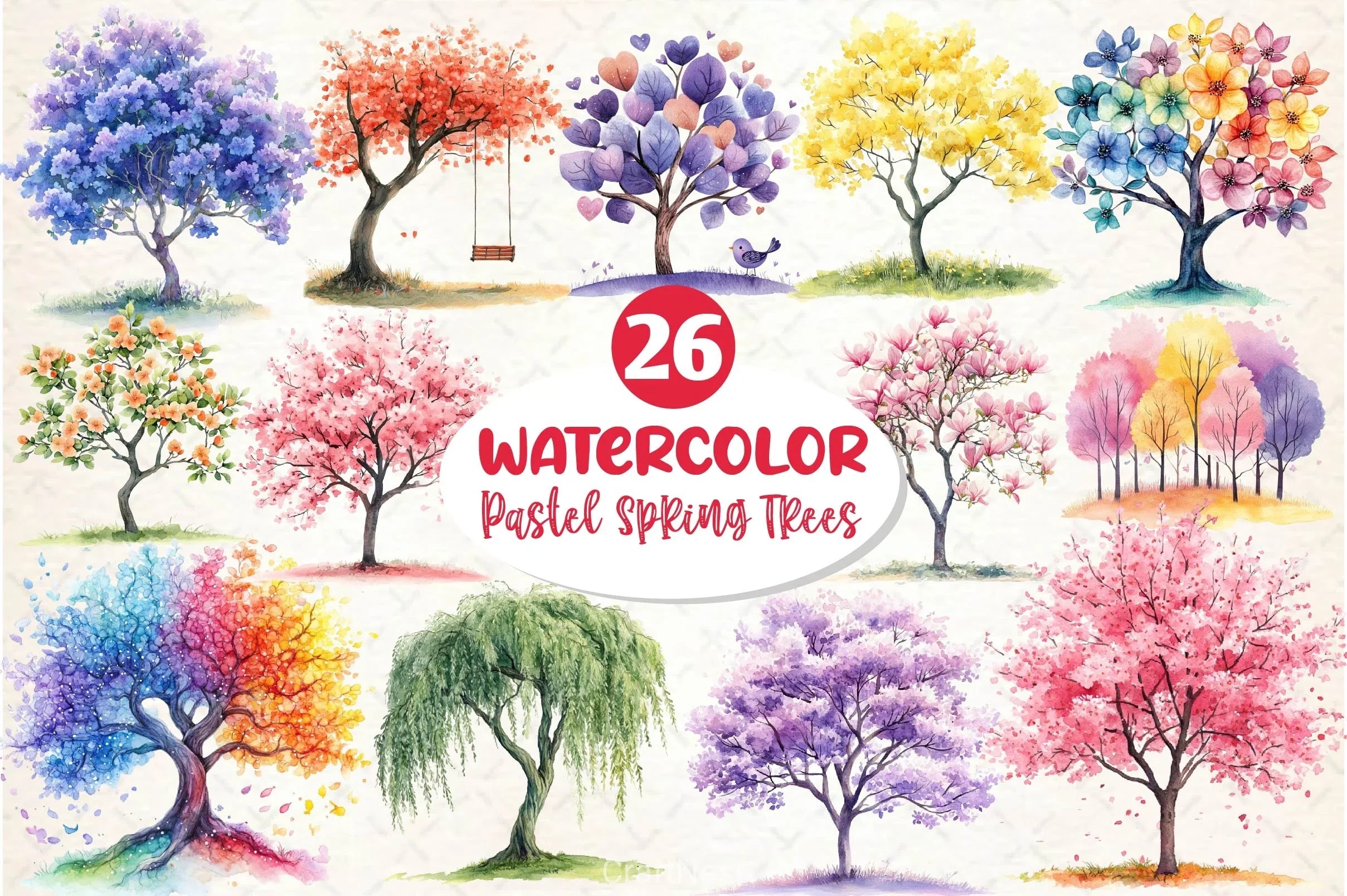 Pastel Spring Trees Clipart Bundle