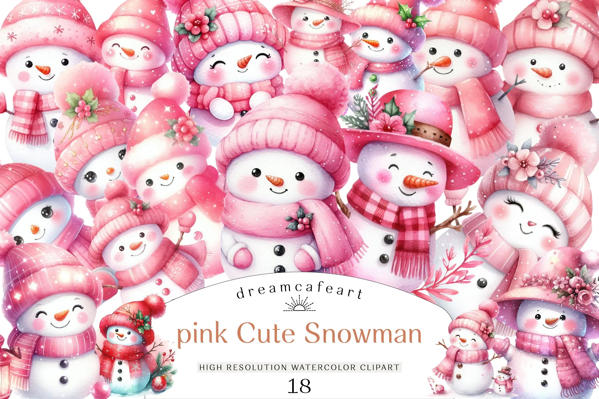 Pink Cute Snowman Clipart Bundle