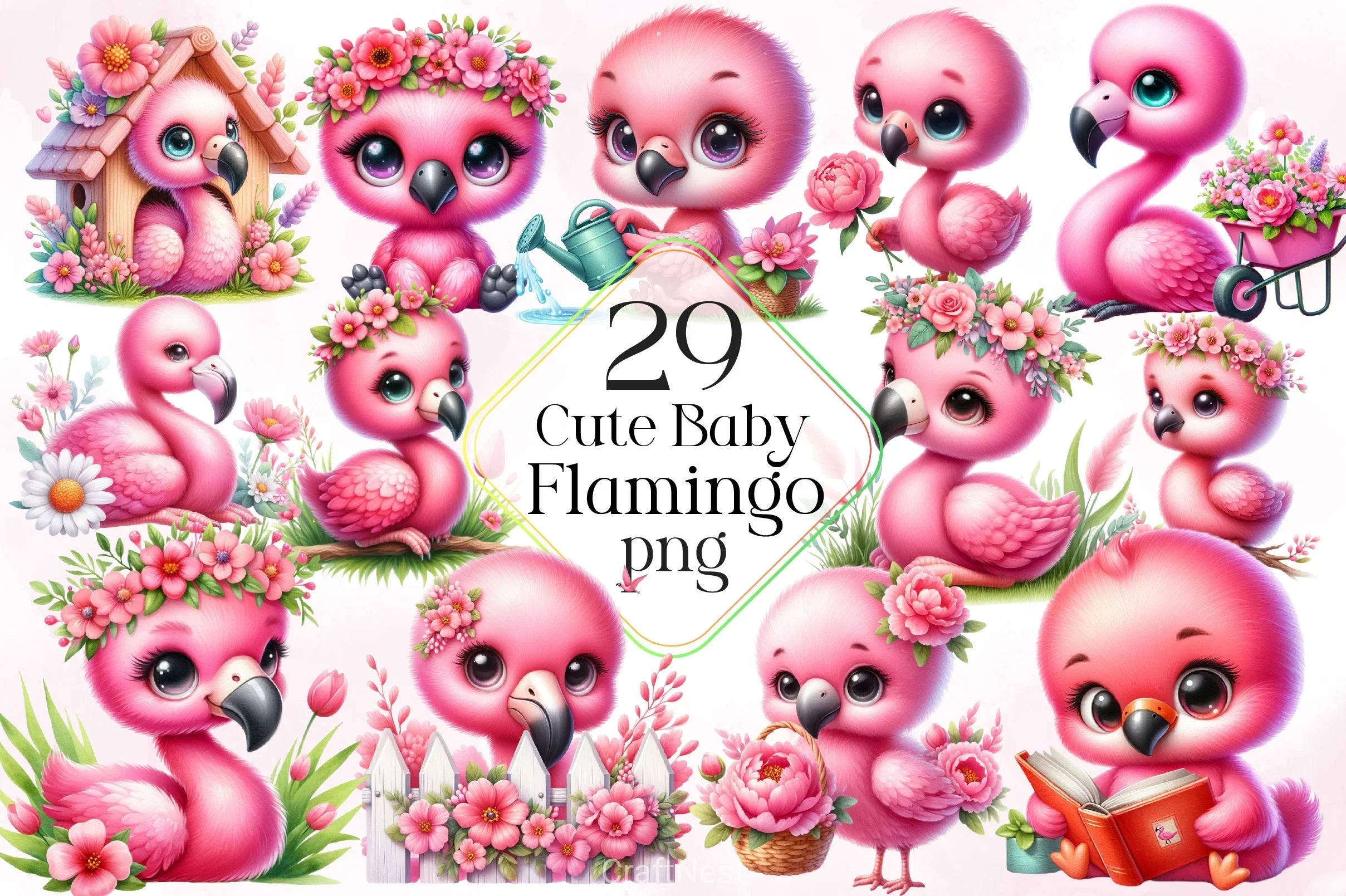 Cute Baby Flamingo Clipart Bundle