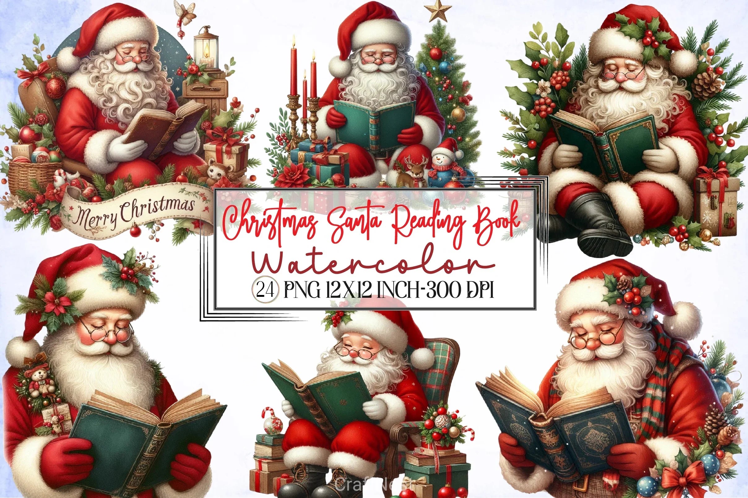 Christmas Santa Reading Book Clipart Bundle