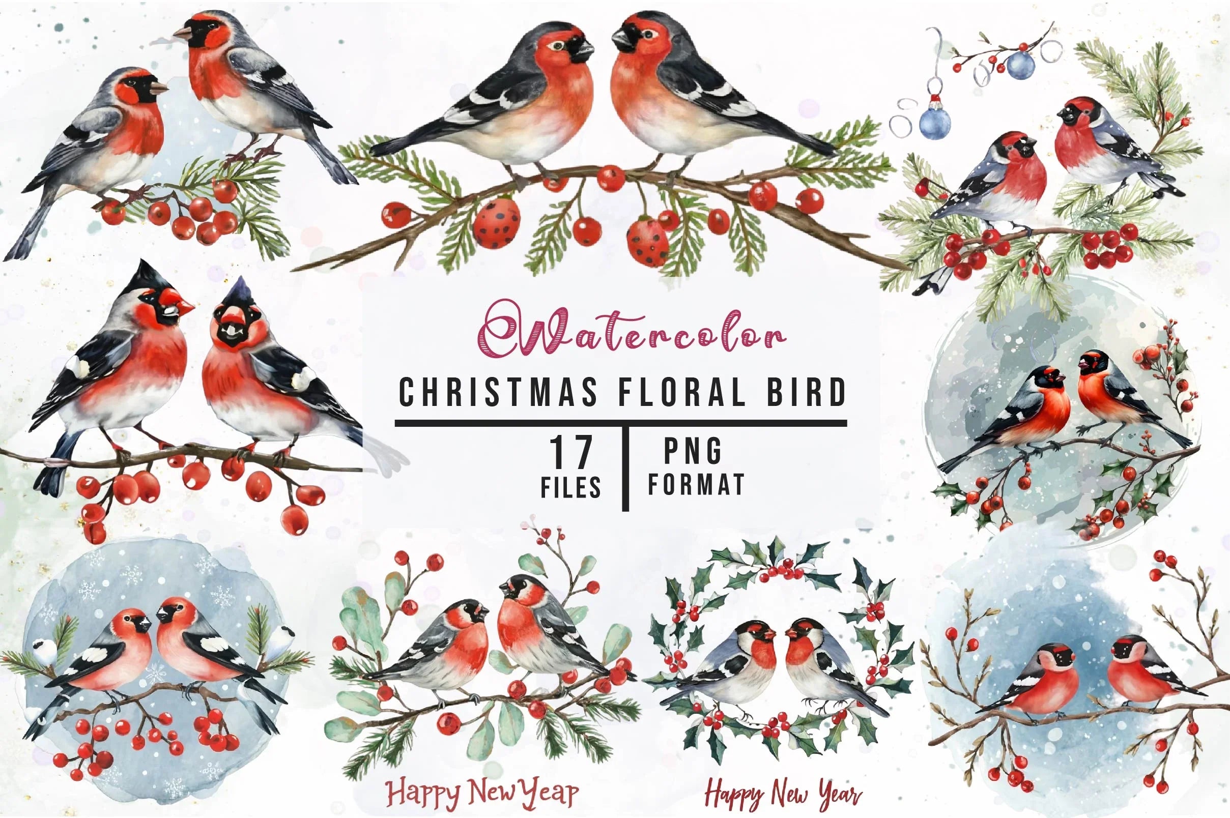 Christmas Floral Bird Clipart Bundle