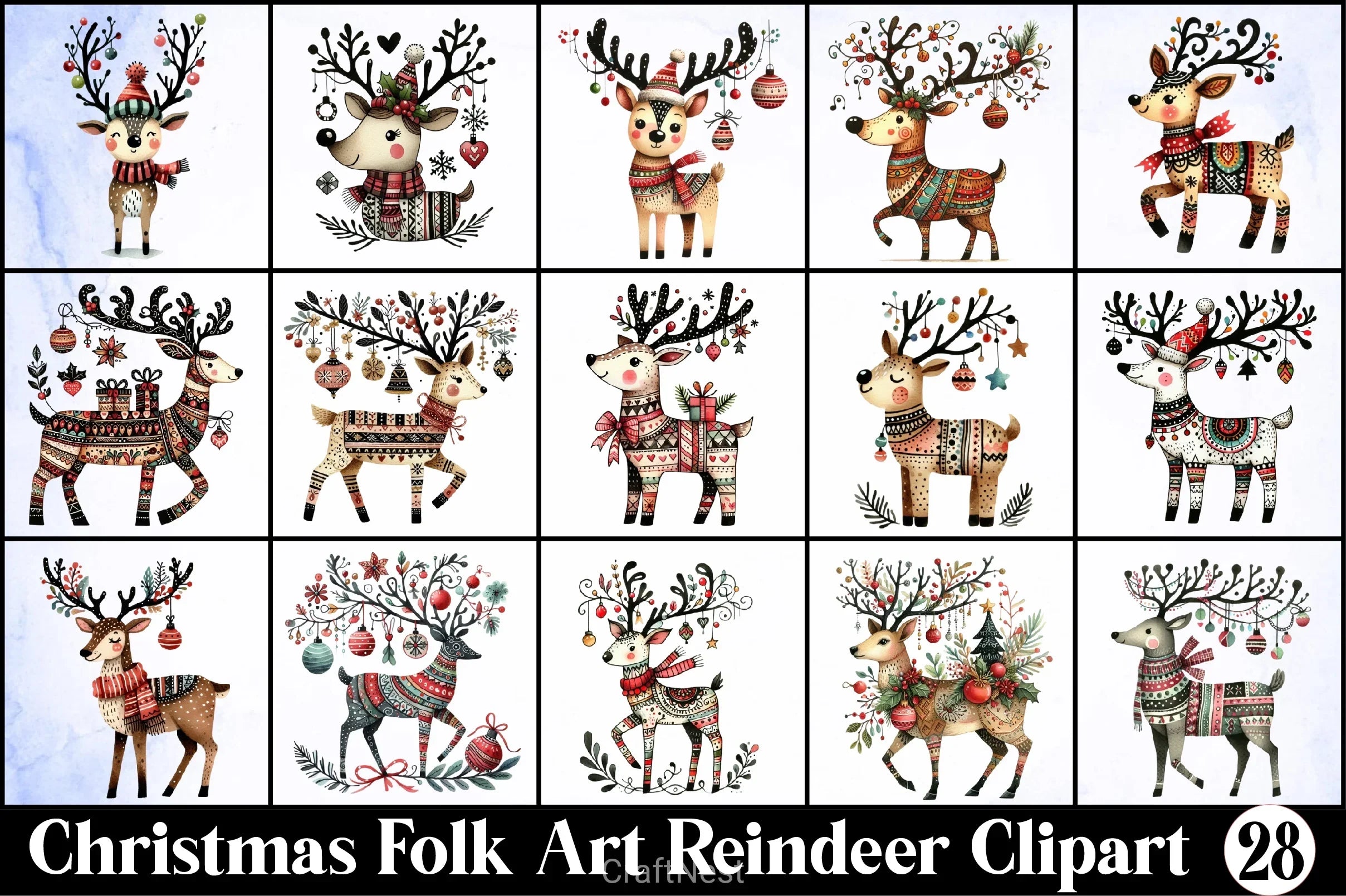 Christmas Reindeer Folk Art Clipart Bundle
