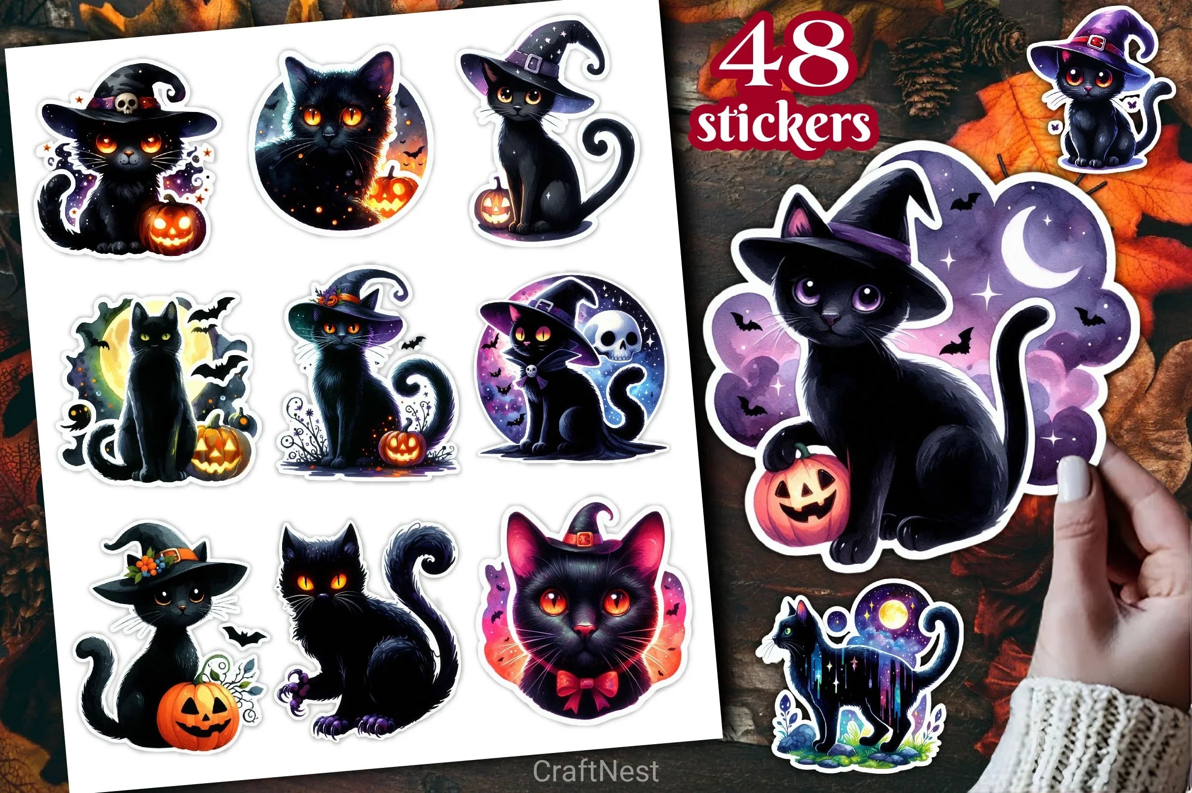 Cute Halloween Cat Stickers Clipart Bundle