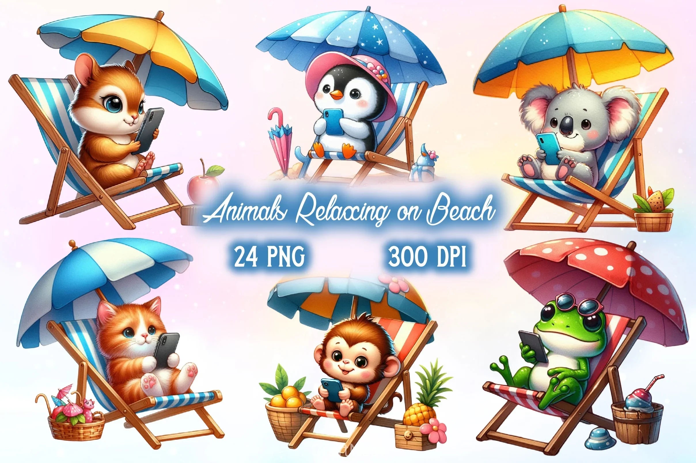 Summer Animals Relaxing On Beach Clipart Bundle