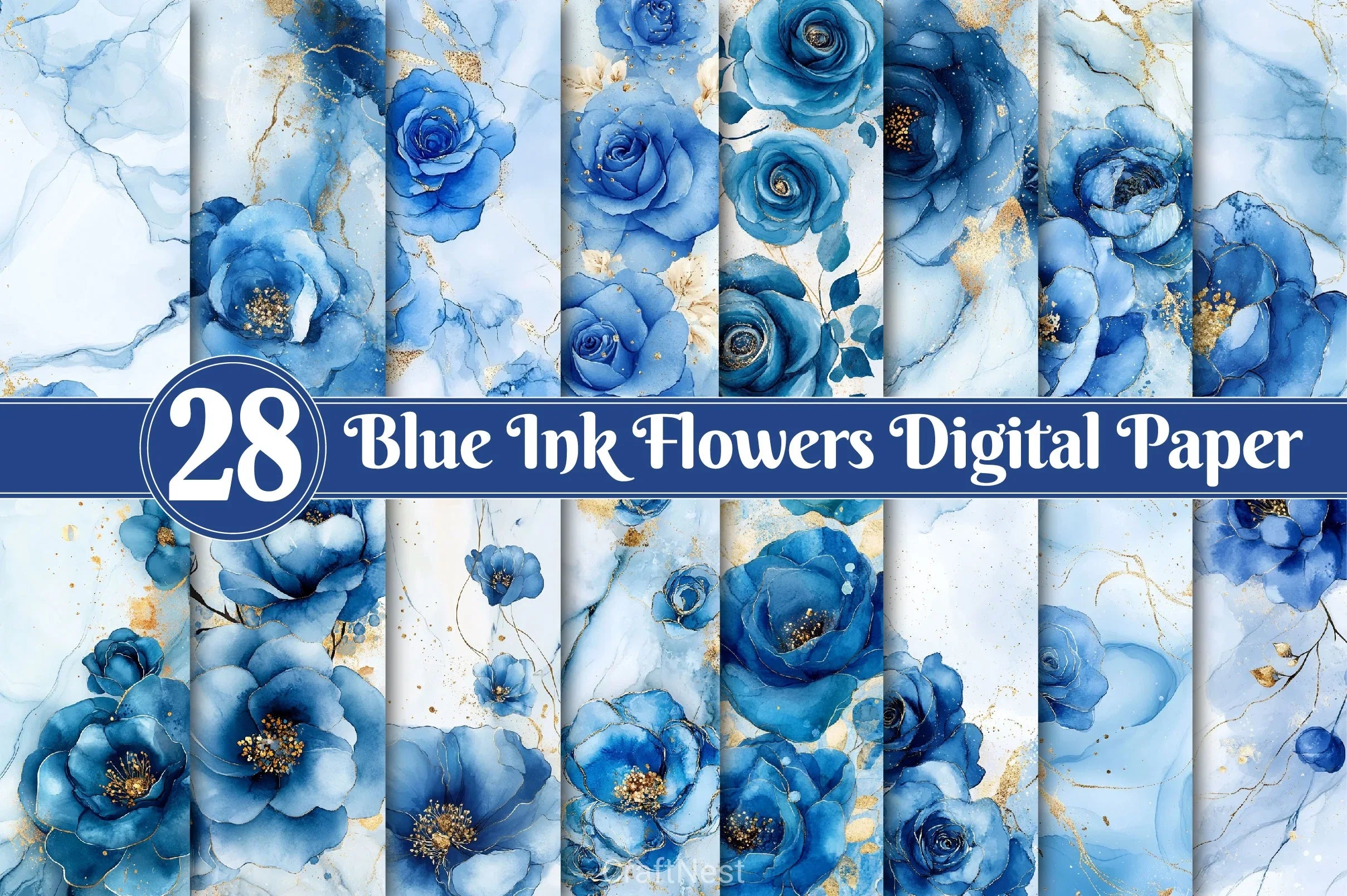 Blue Ink Flowers Digital Paper