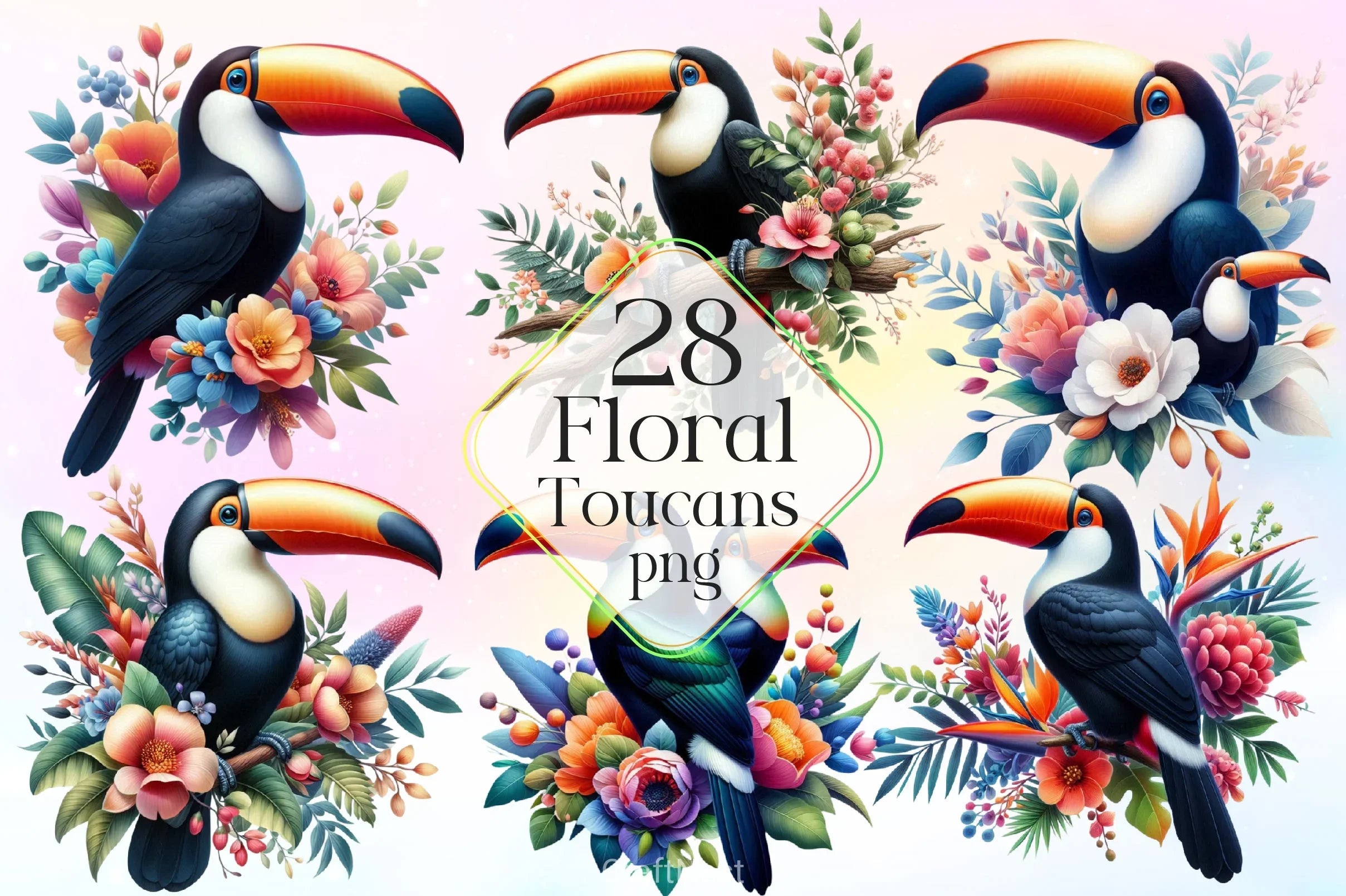 Floral Toucans Clipart Bundle