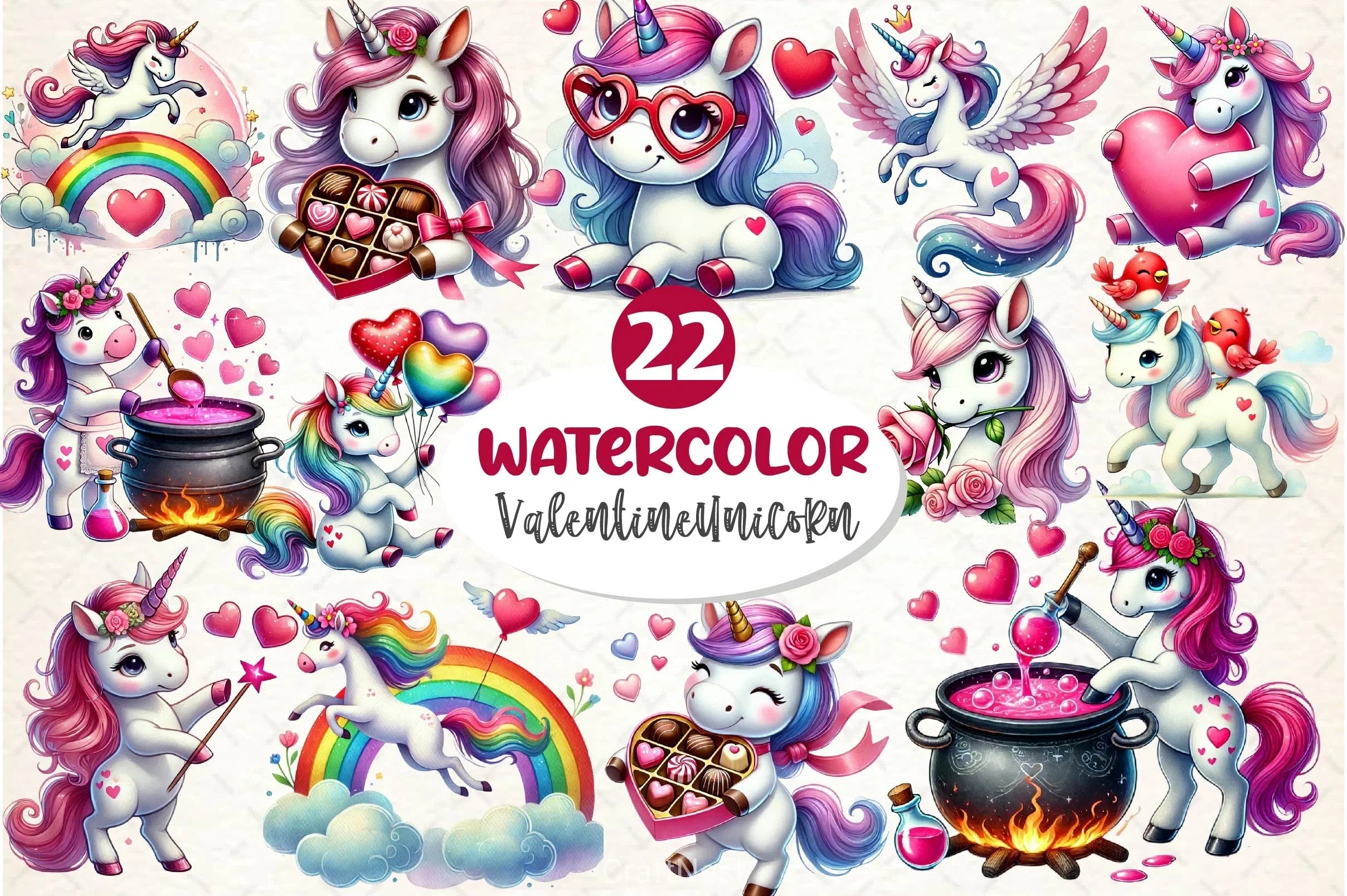 Cute Valentines Day Unicorn Clipart Bundle