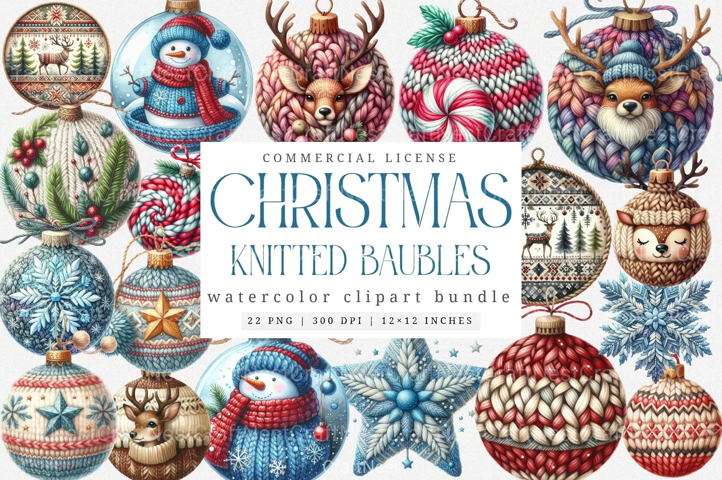 Knitted Christmas Baubles Clipart Bundle