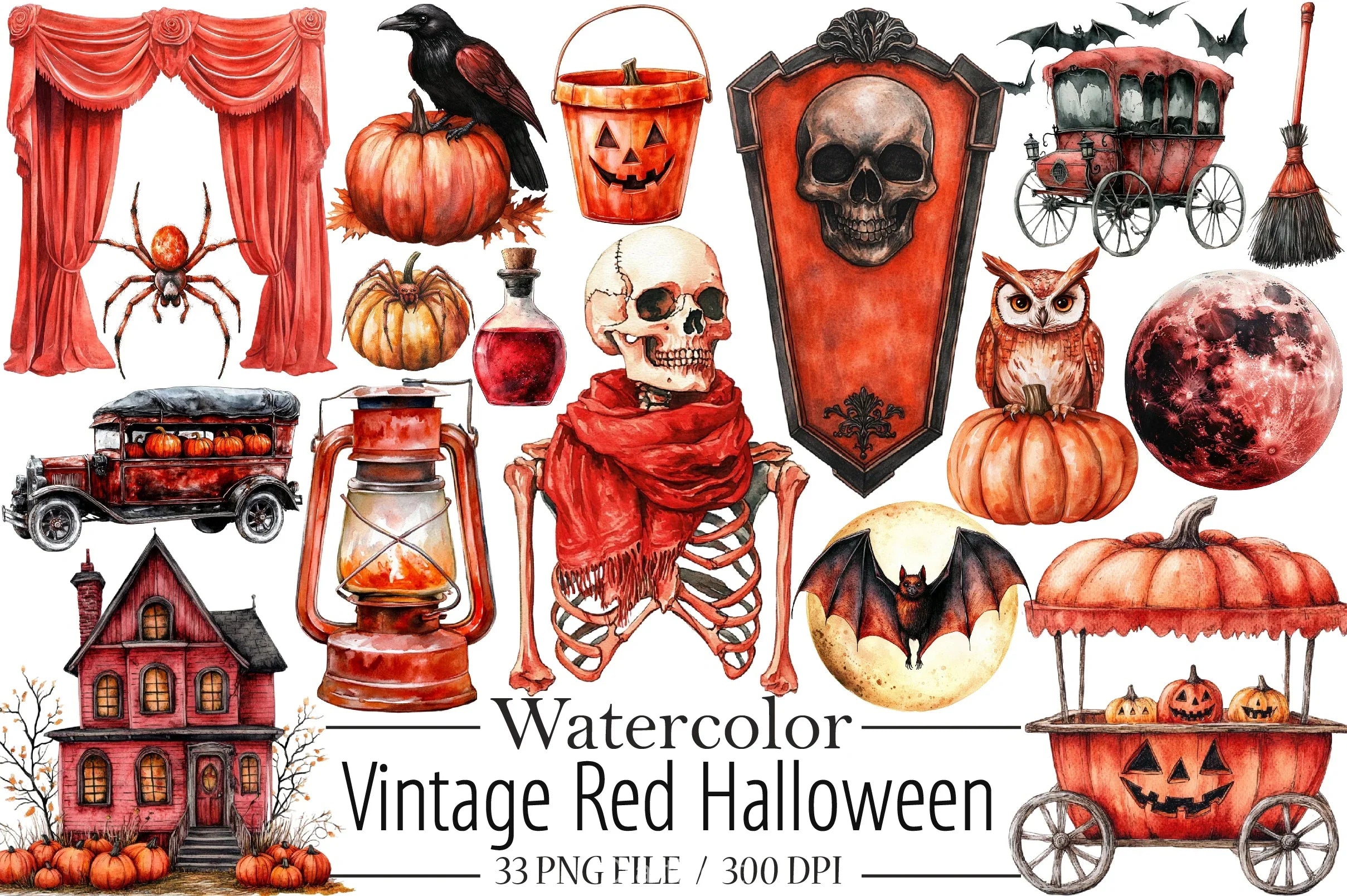 Vintage Red Halloween Clipart Bundle