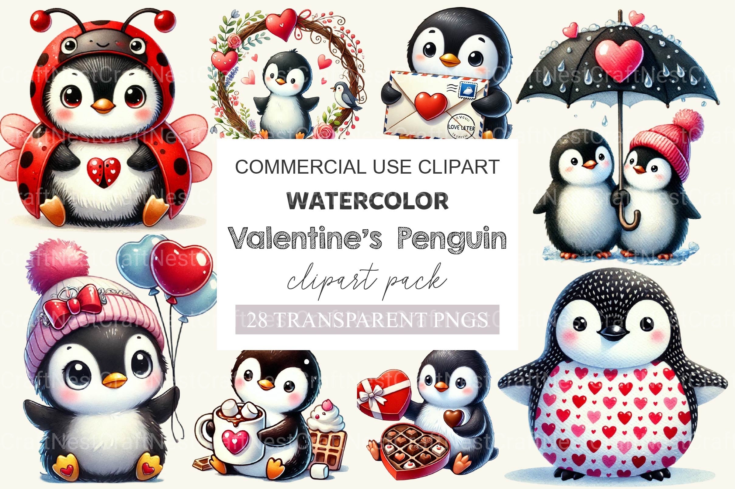 Valentine Penguin Clipart Bundle