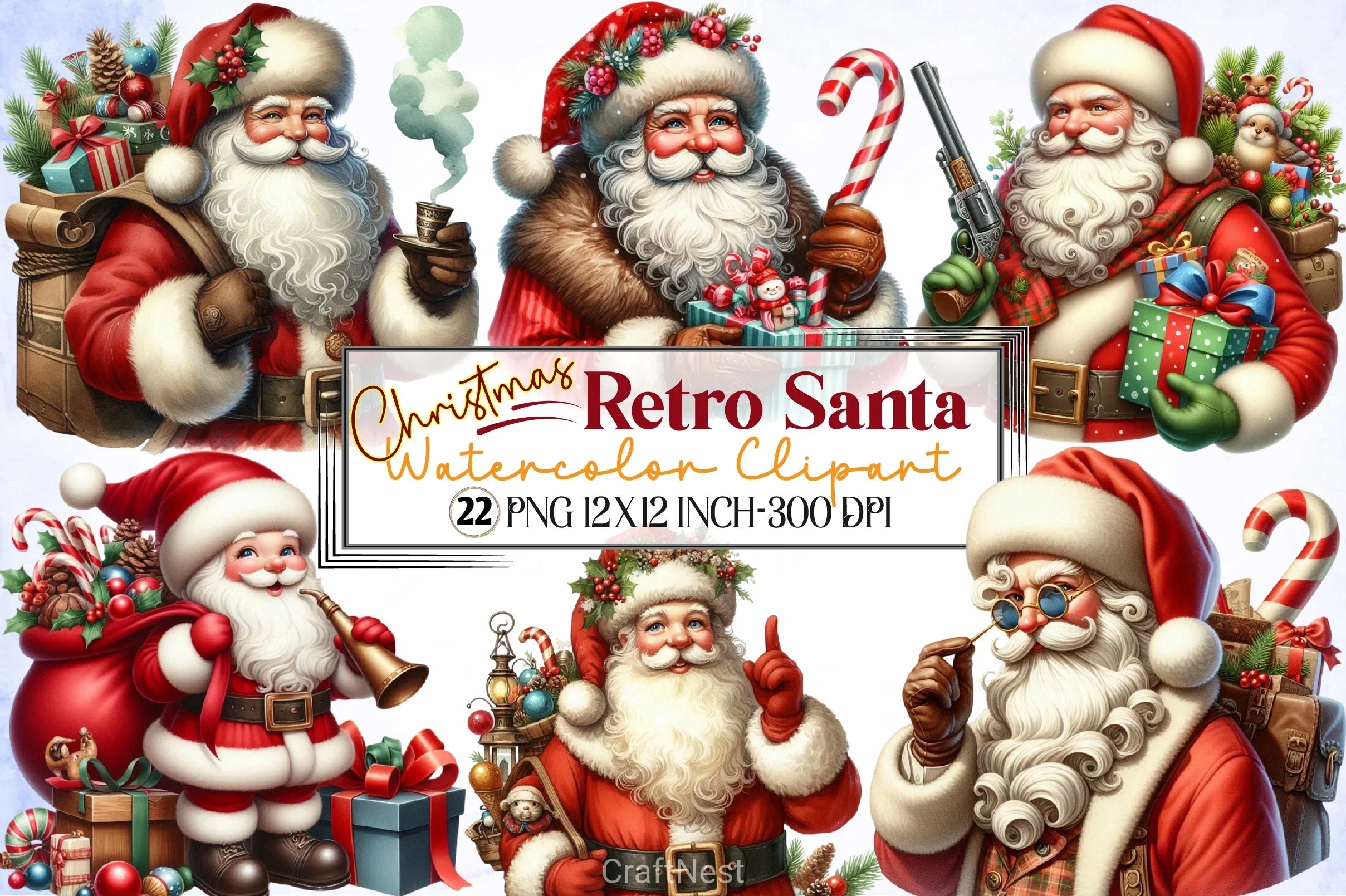 Retro Christmas Santa Clipart Bundle