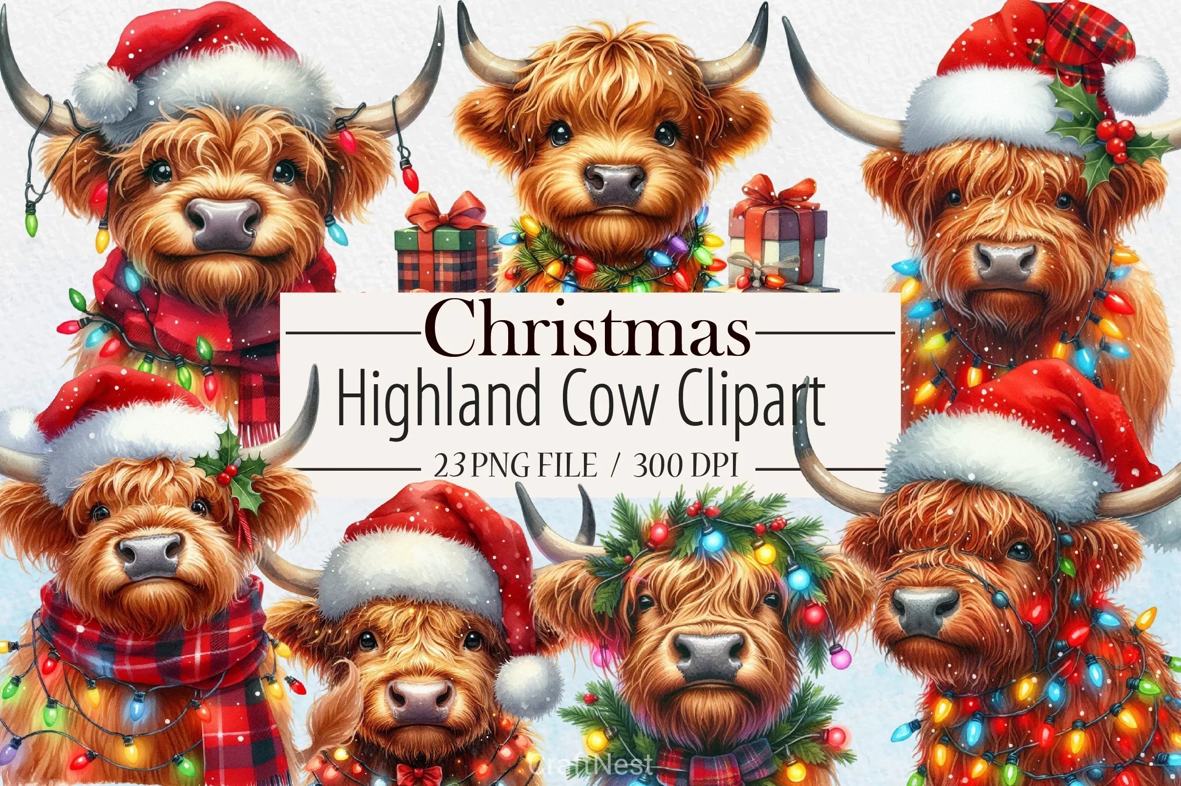 Cute Christmas Highland Cow Clipart Bundle